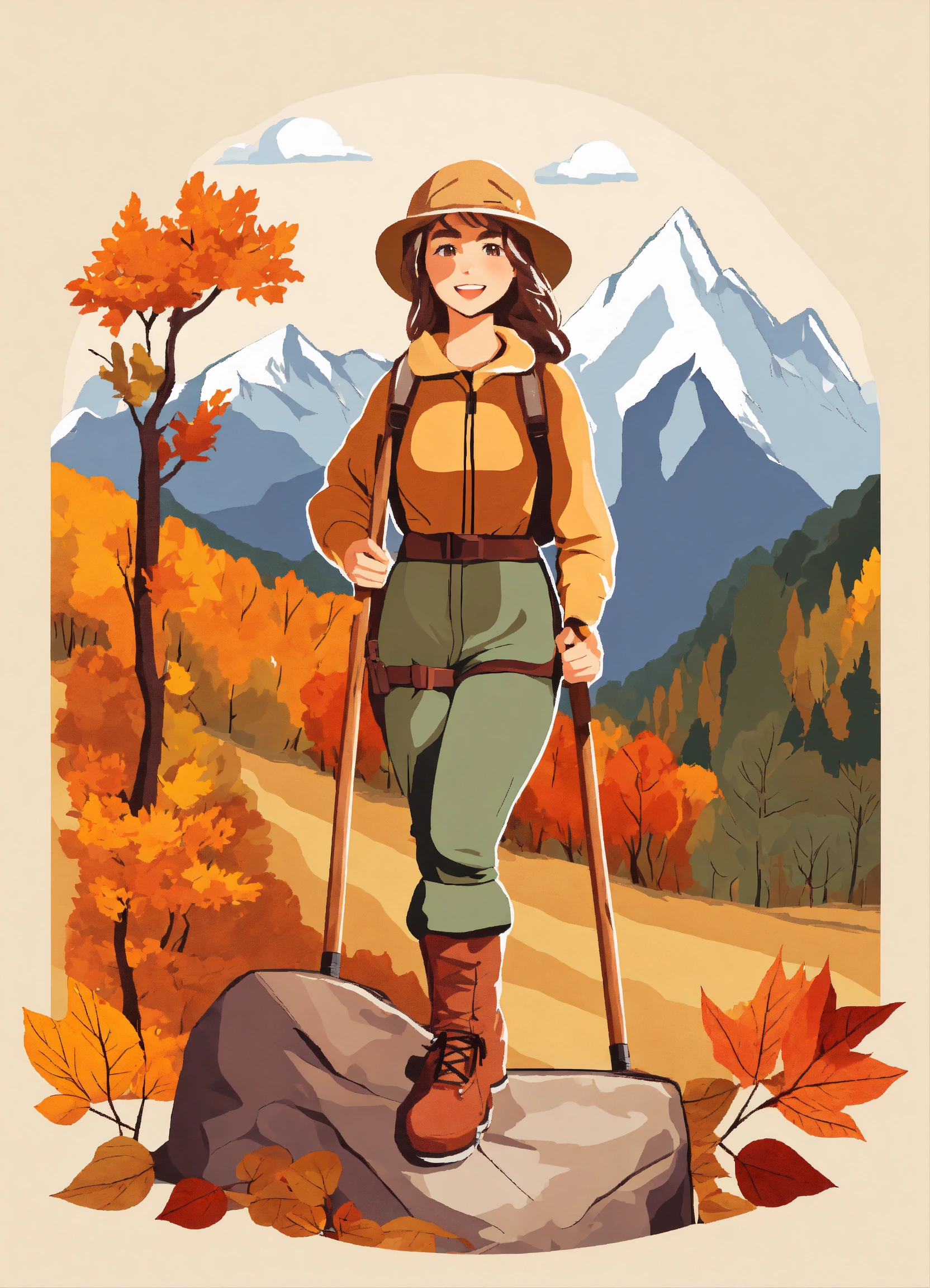 Lexica - Cute female hiker, with wooden hiking stick, in autumn and ...