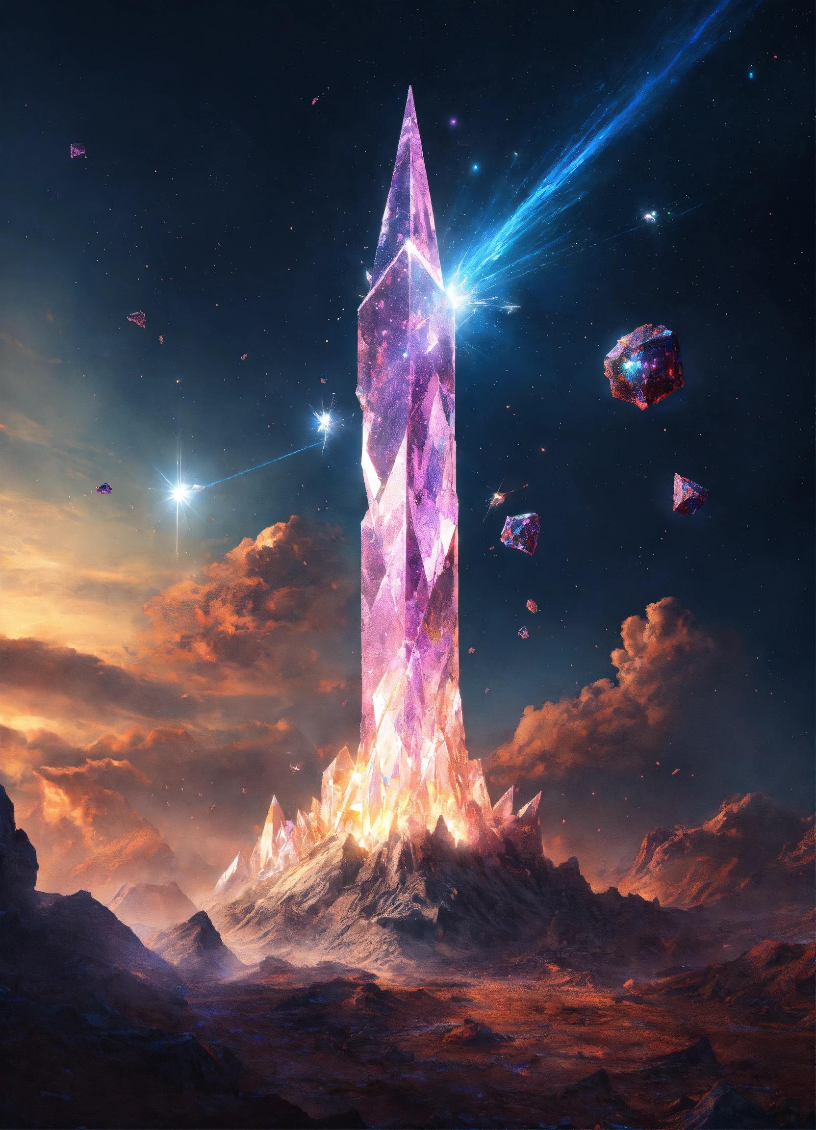 Lexica - A crystal tower being shattered by a lazer beam from space