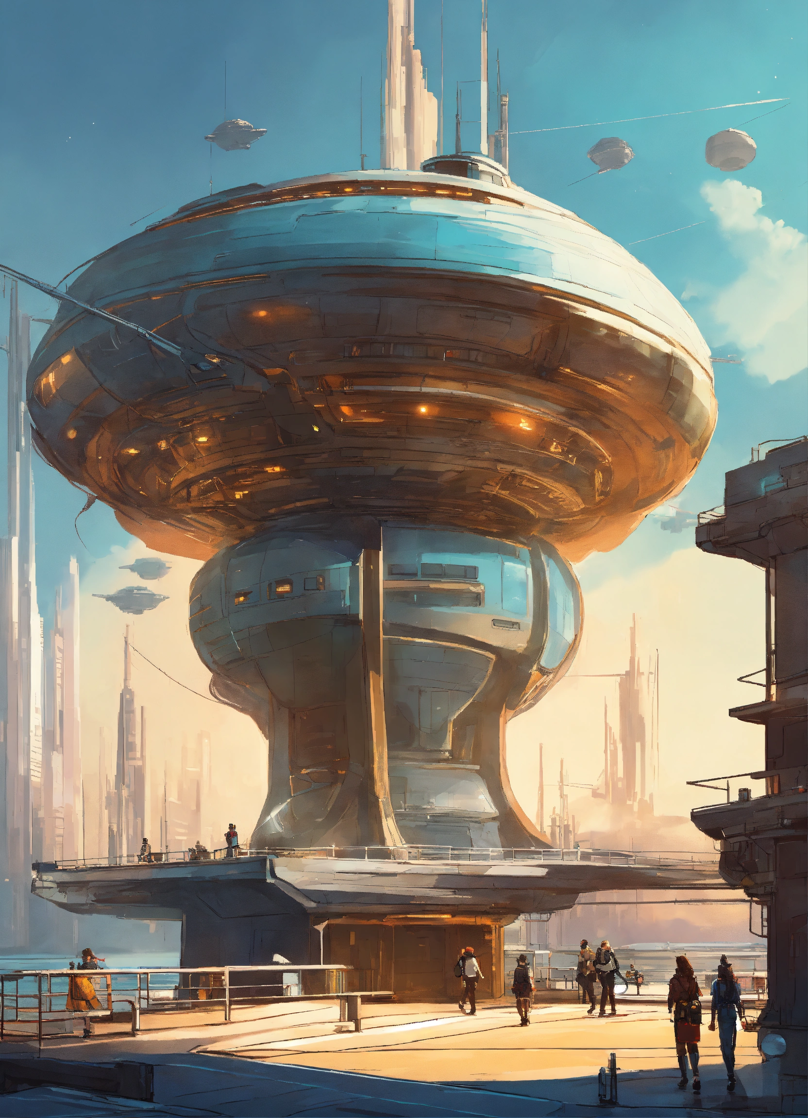 Lexica - A futuristic dock for spaceships. People walking around the ...