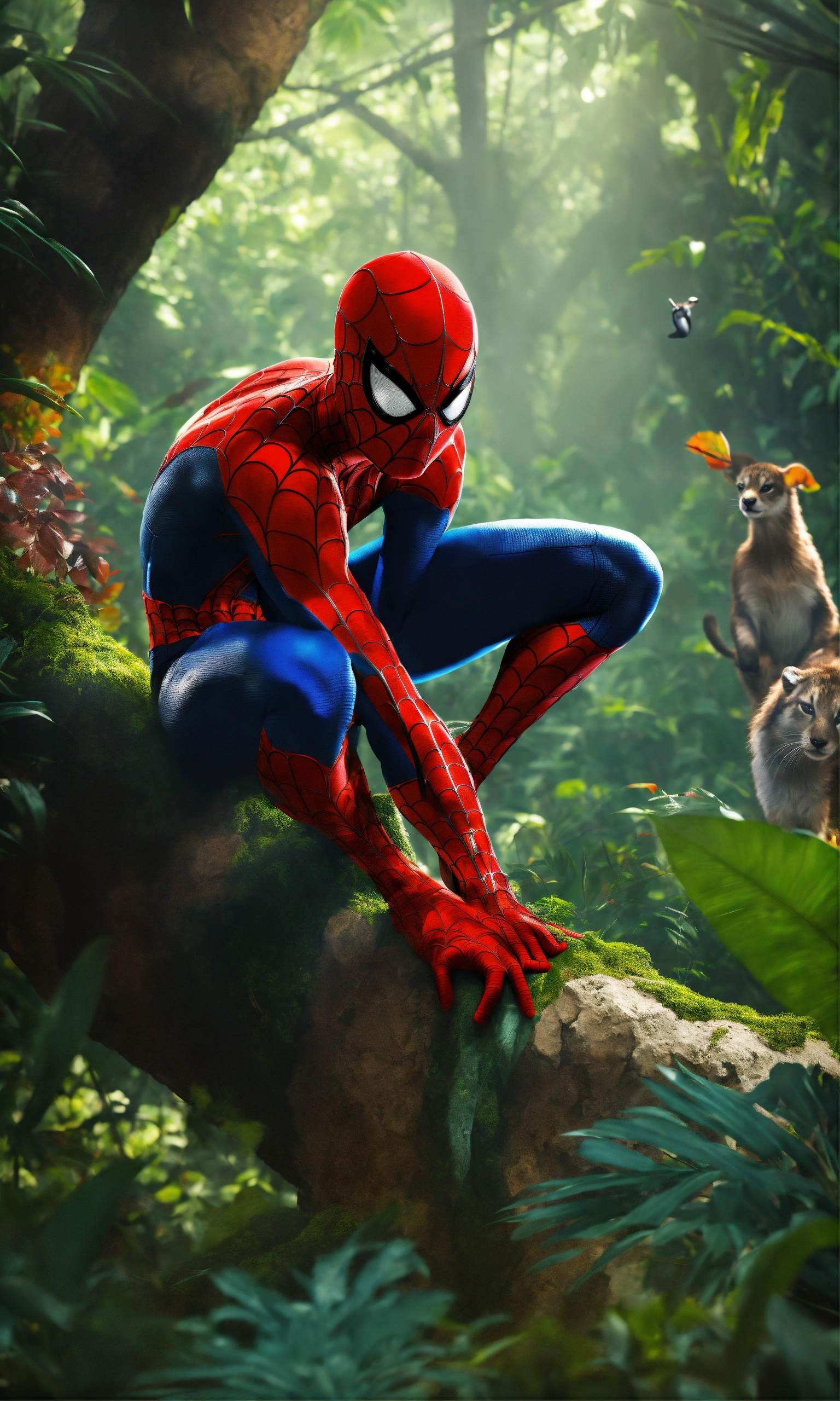 Lexica - Spiderman in Jungle with animals, 2D render, full-body view ...