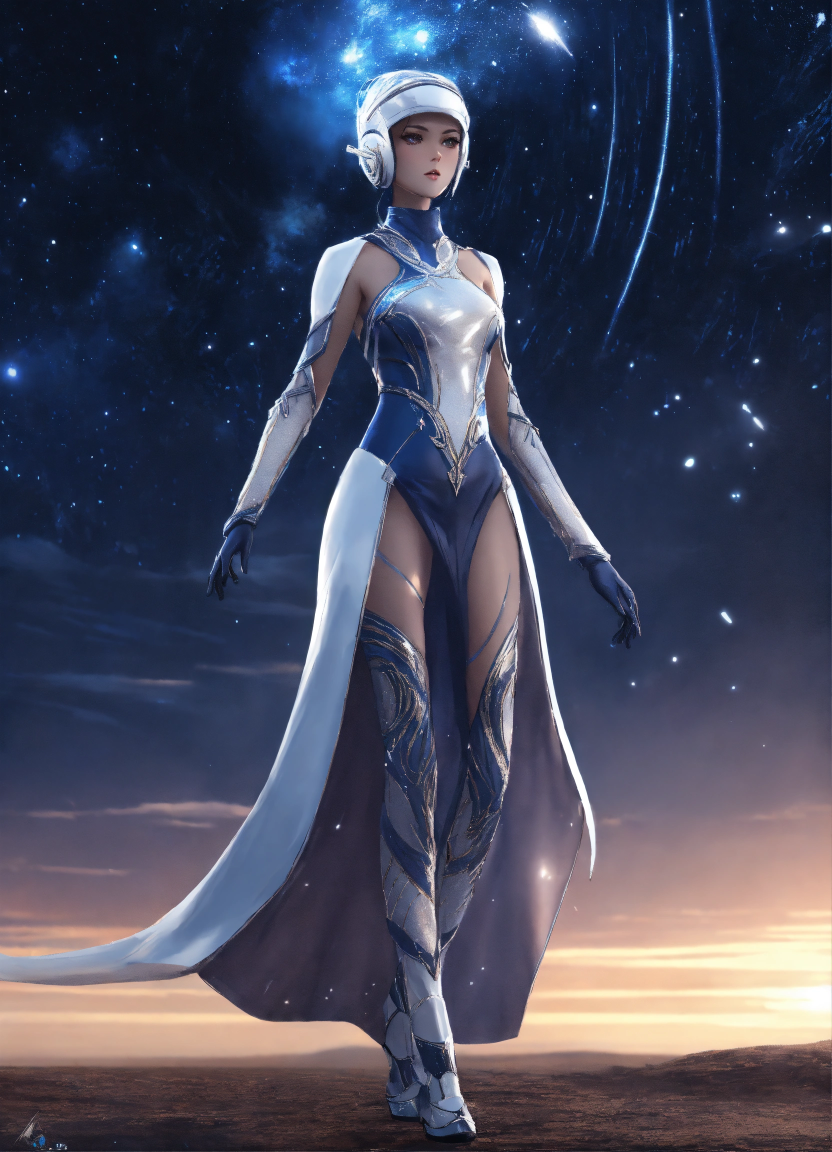 Lexica - A Alien, Alienrace female Alien_goddess beauty longdress colore navy blue shiny white ...