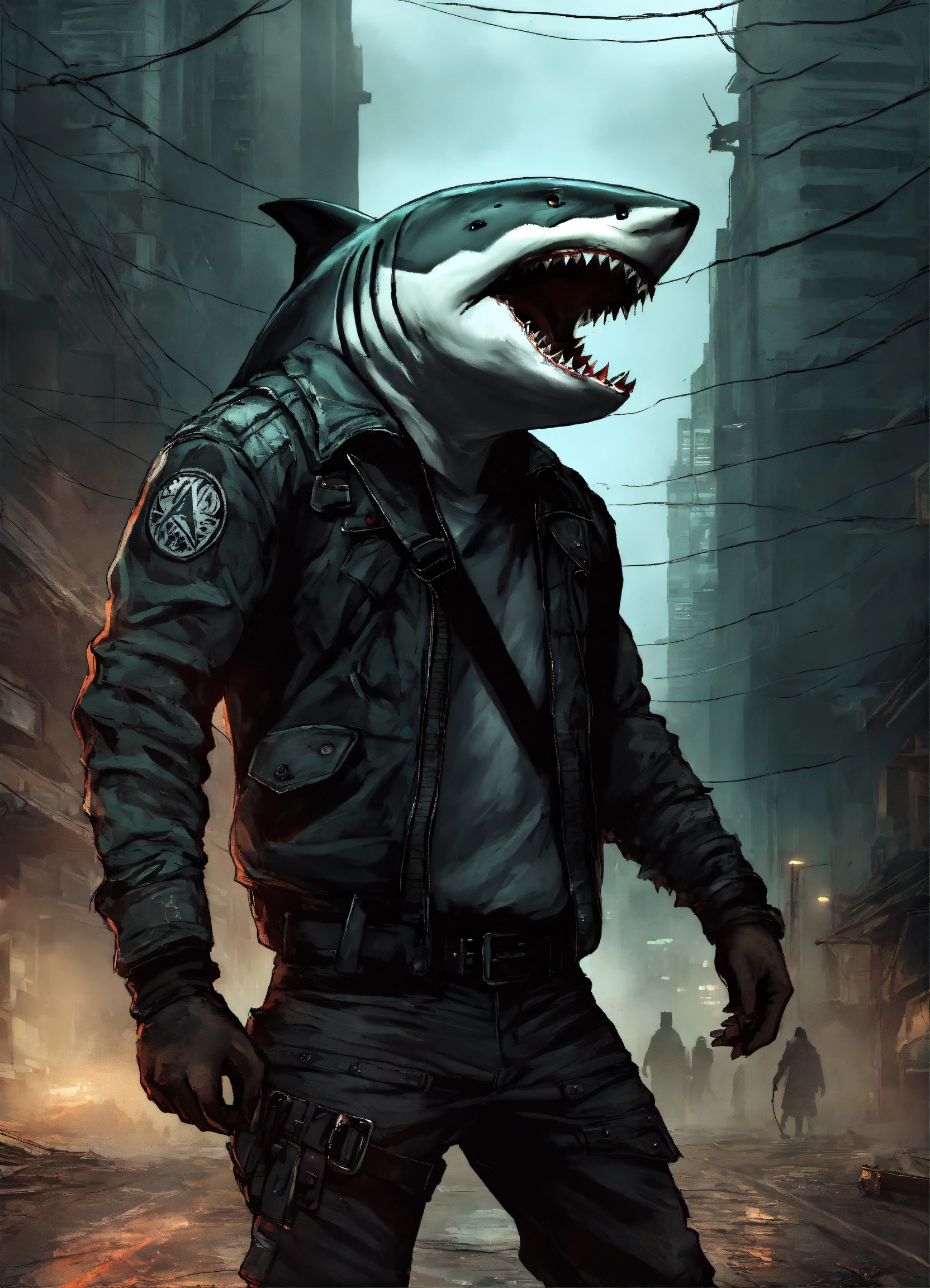 Lexica - Anthropomorphic great white shark with fanged mouths on body ...