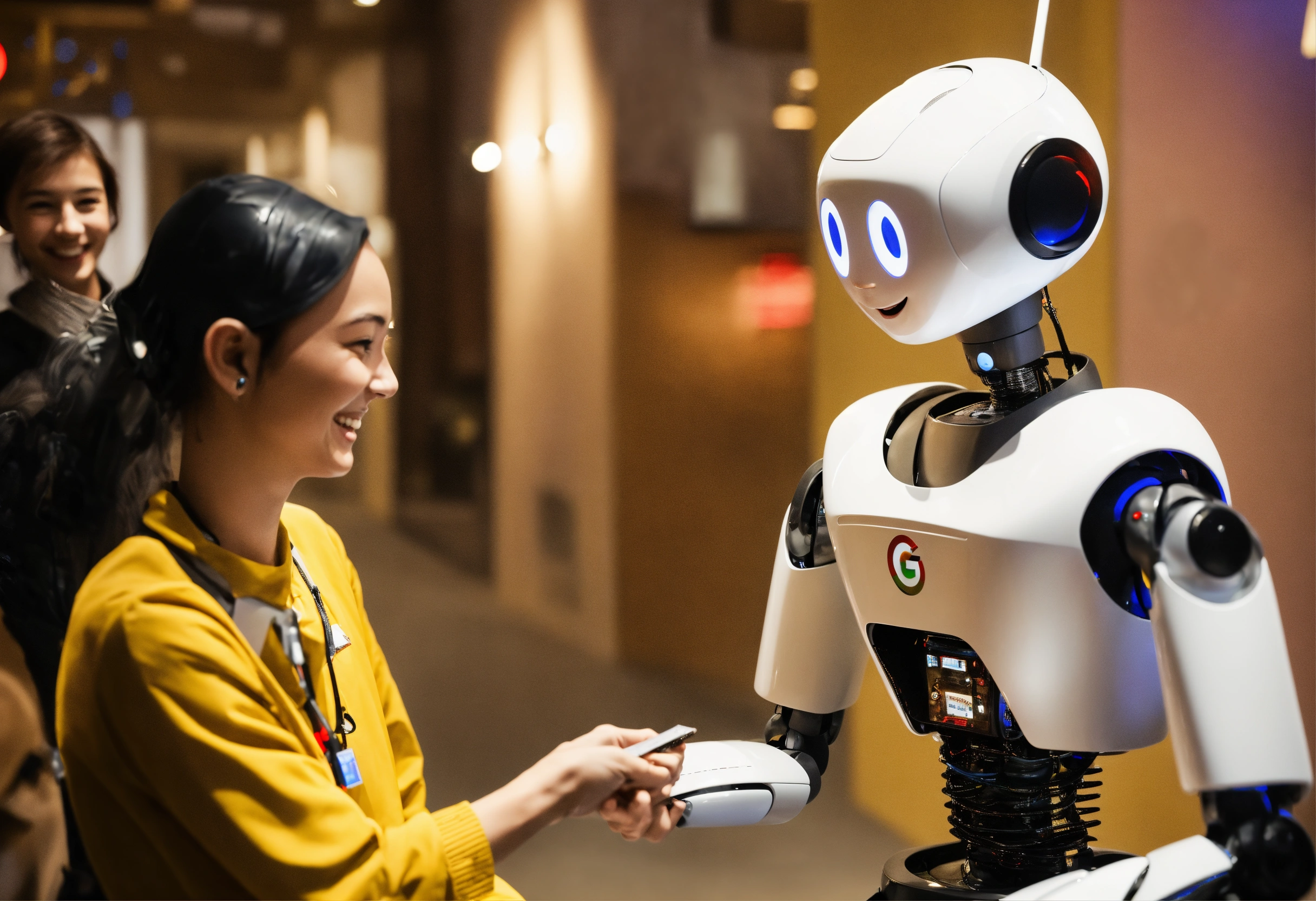 Lexica - Google representative smiling and handing two money bags to a ...