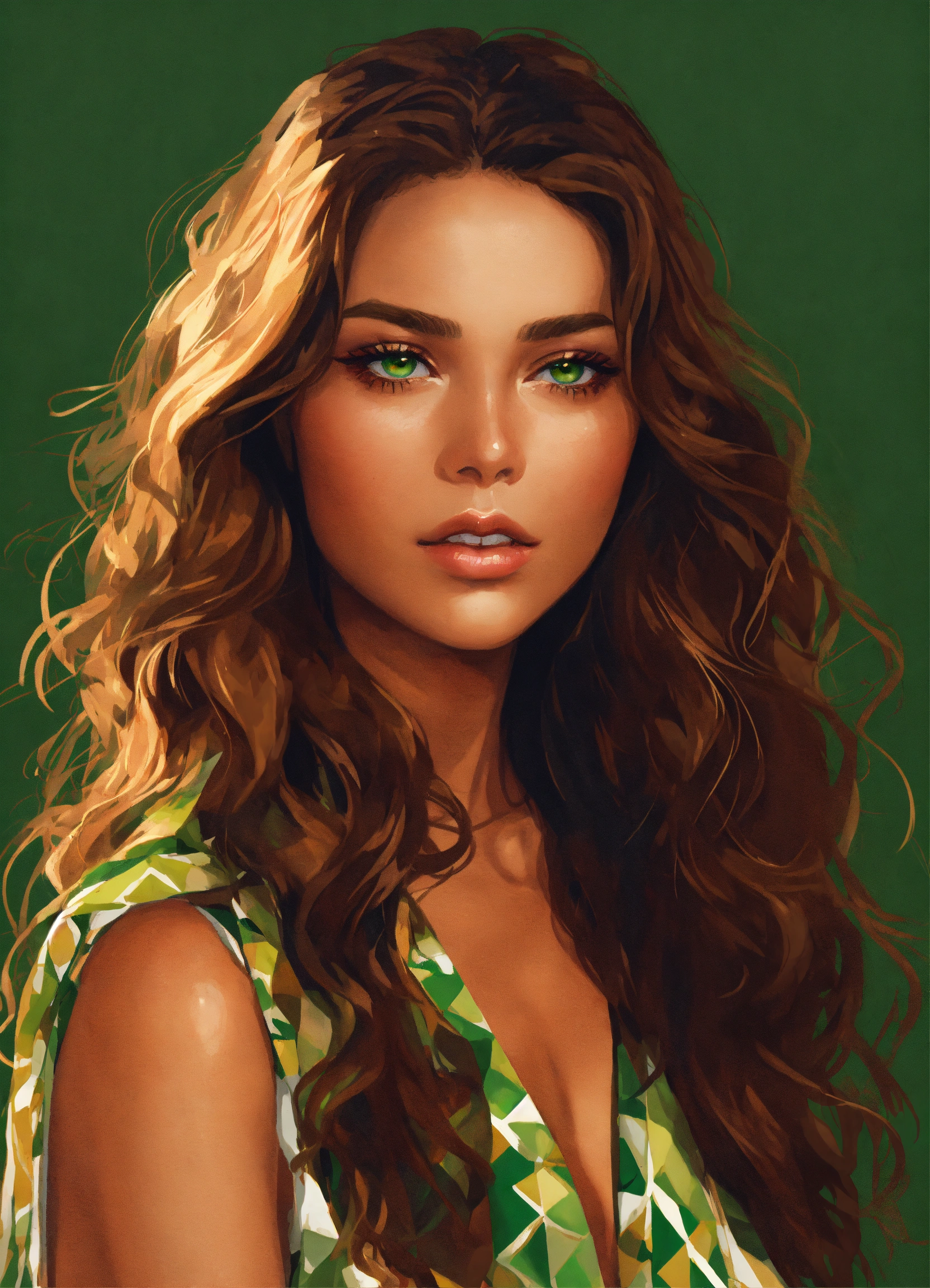Lexica - A digital portrait of a woman with golden tan skin, green eyes ...