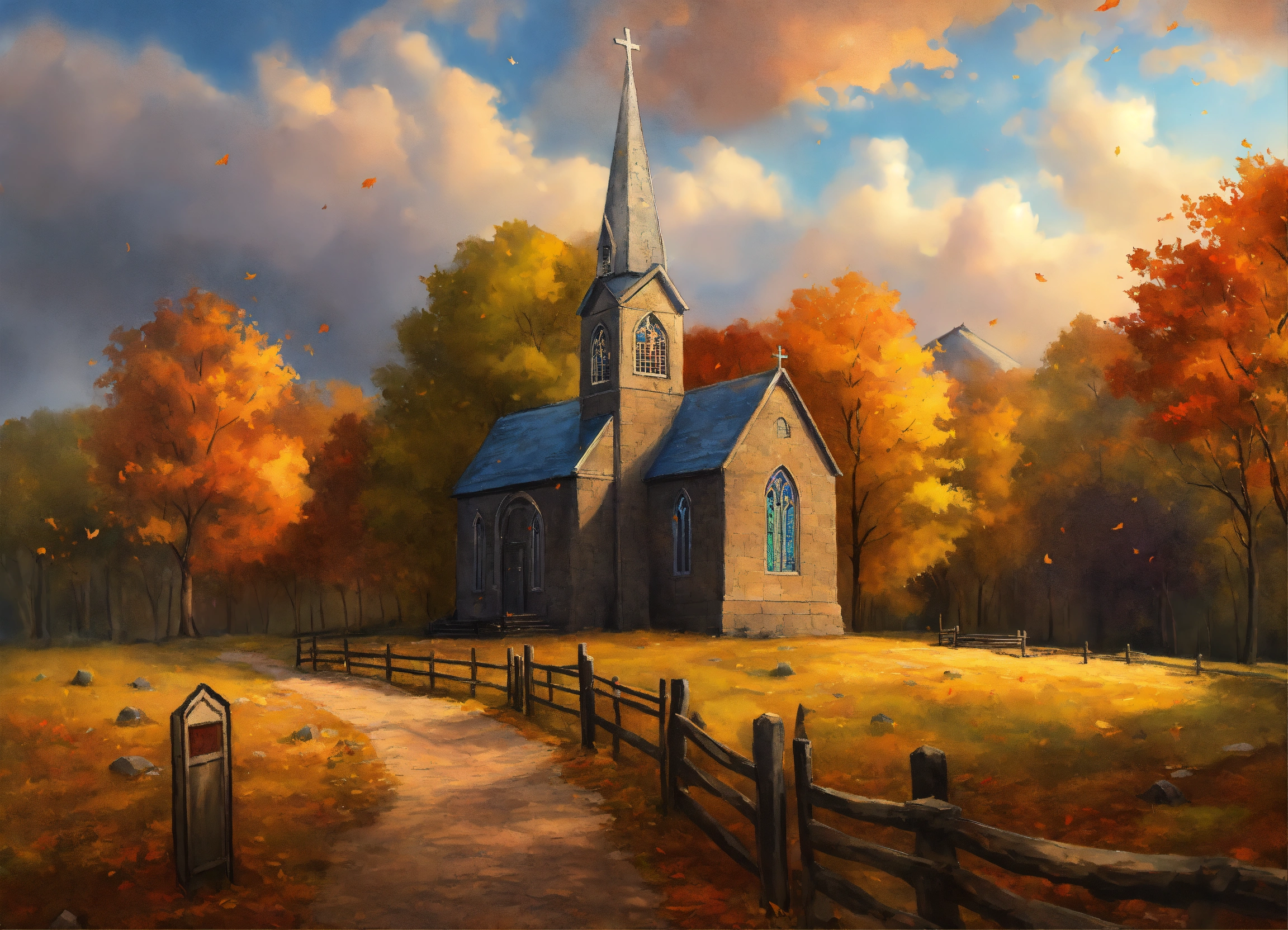Lexica - Create a painting of a small, old stone church with a cross on ...