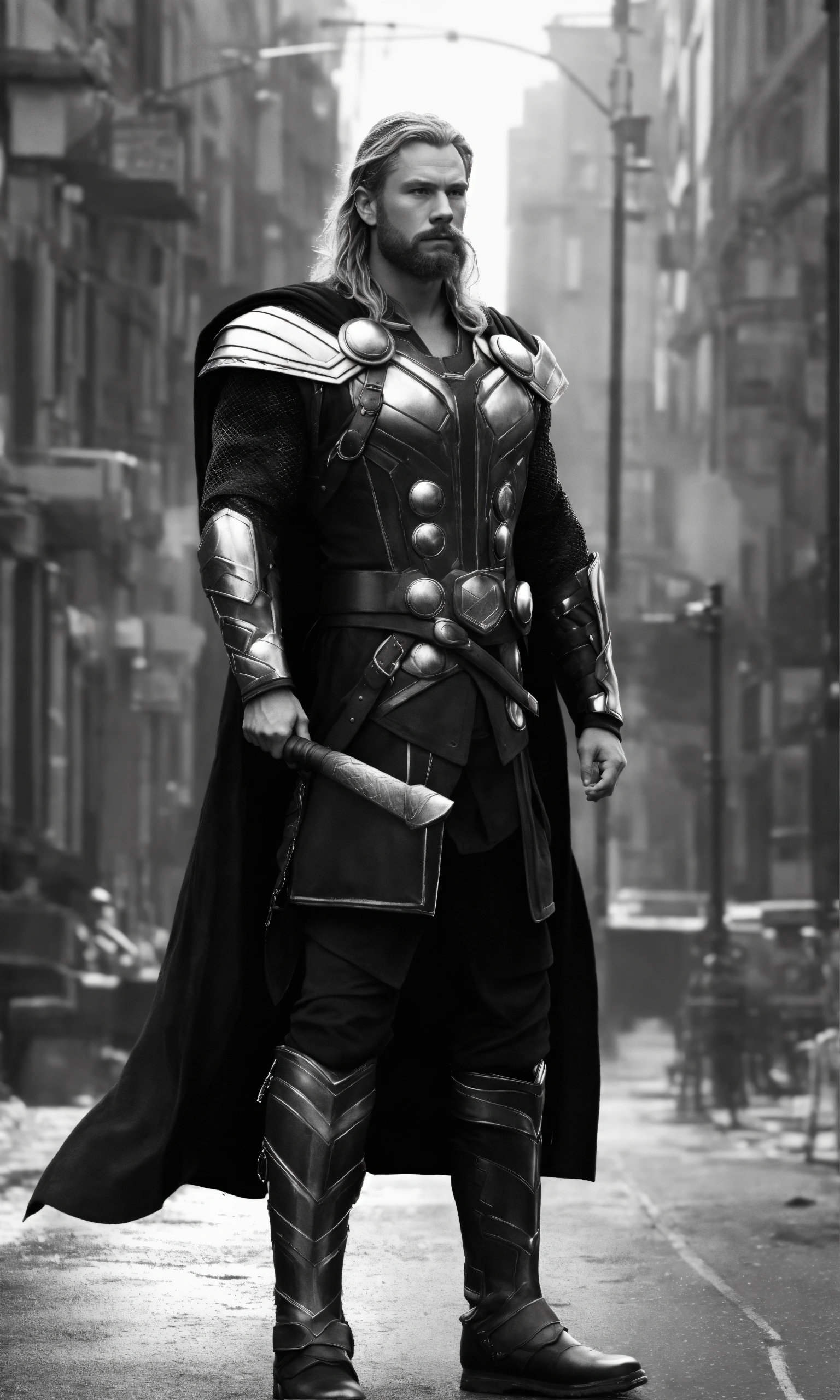 Lexica - In 1800 Thor stands on the street full-body, black and white ...