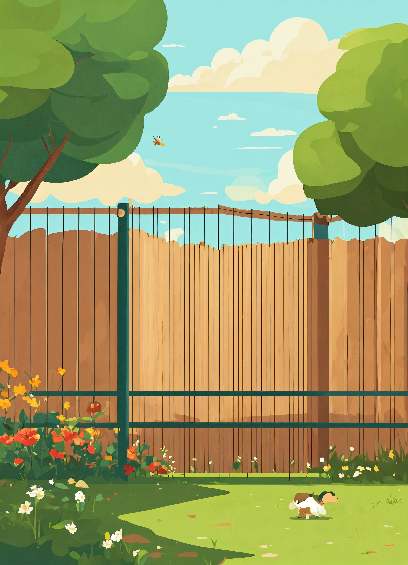 Lexica - Yard, clearing, fence in the background, 2d, flat design, cartoon