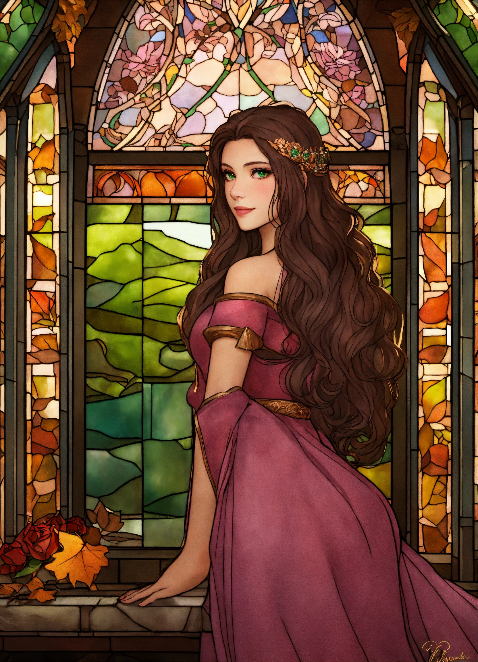 Lexica - Warrior princess, library, rose coloured stain glass windows ...