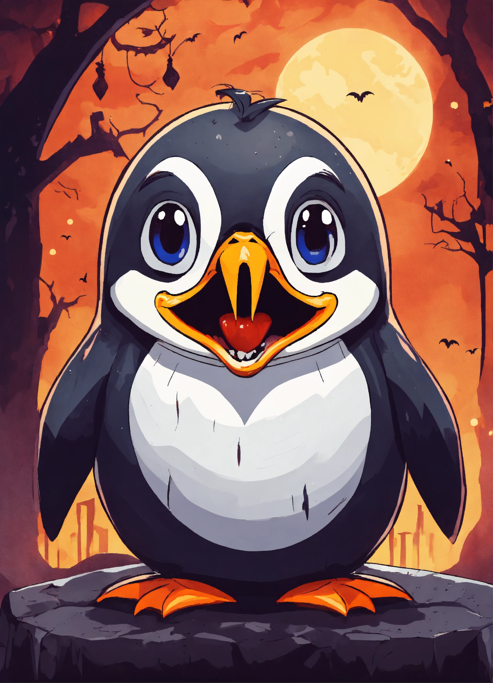 Lexica - A cute penguin with large vampire fangs, spooky background ...