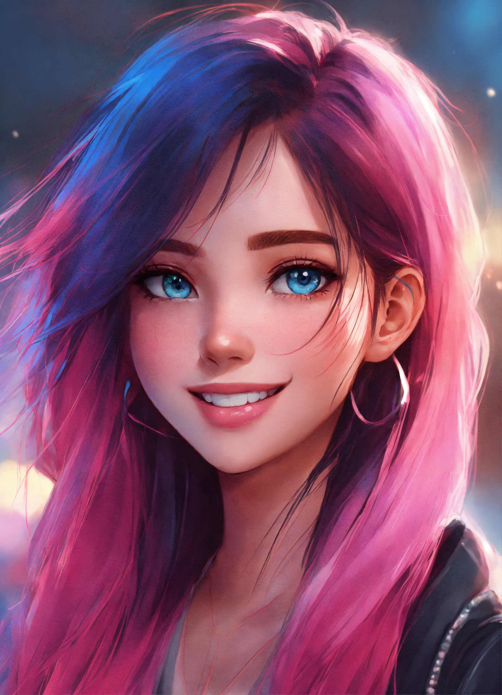 Lexica - Character icon, black pink ombre hair long, long face, smiling ...