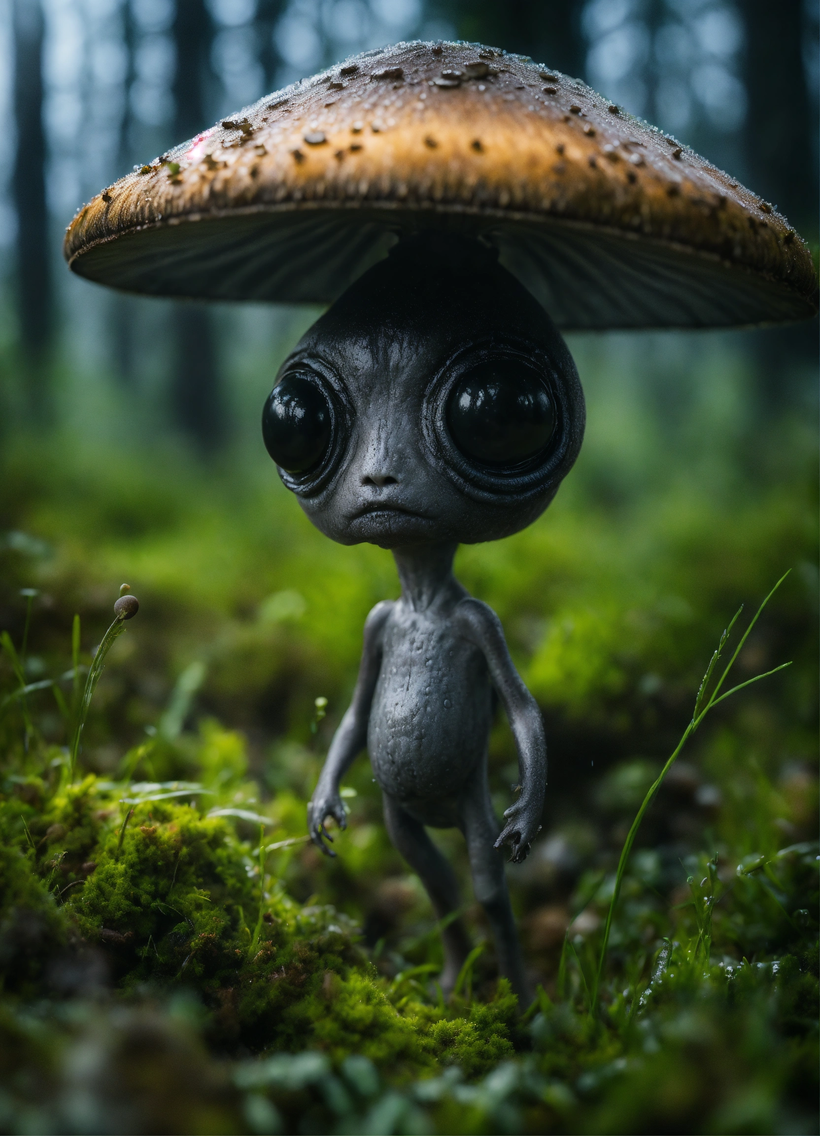 Lexica - A grey alien , big eyes blacks , mushrooms, grass, nigth ...