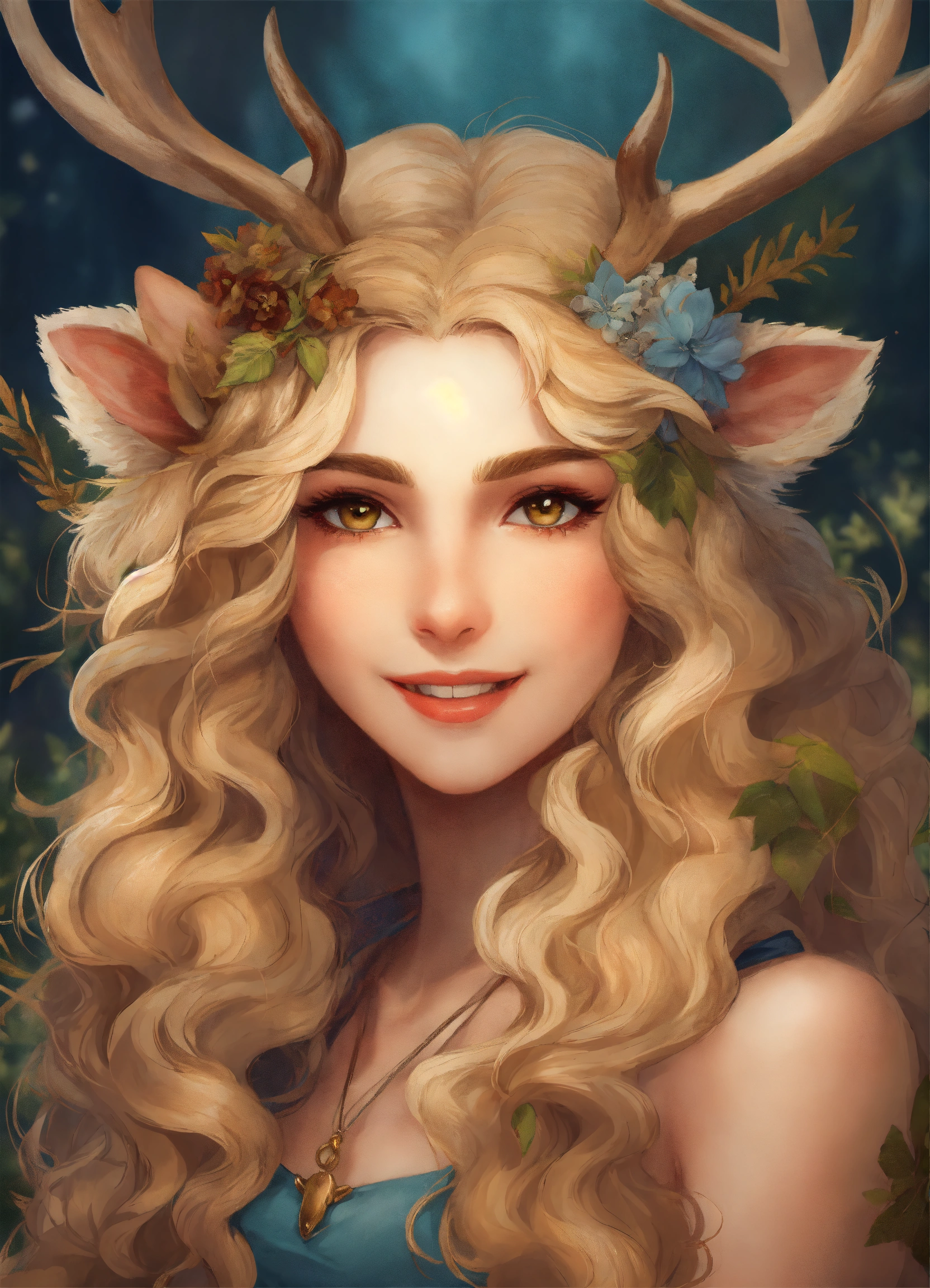 Lexica - Faun girl, long blond wild curly hair, smile, antlers, deer ...
