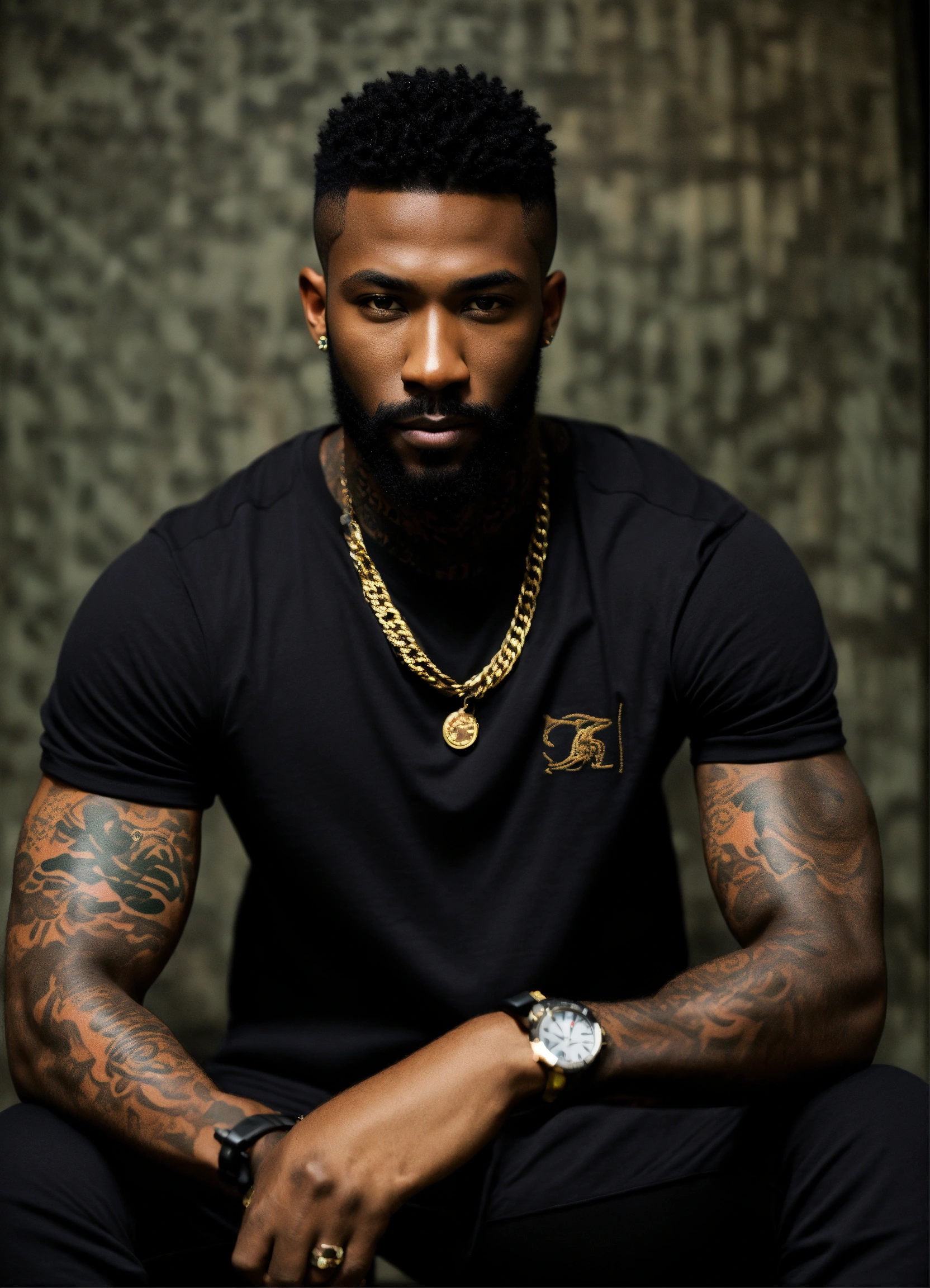 Lexica Stunning Black Man Low Hair Cut Beard Dark Eyes Dark Skin Tattoos Arms Camo Pants 