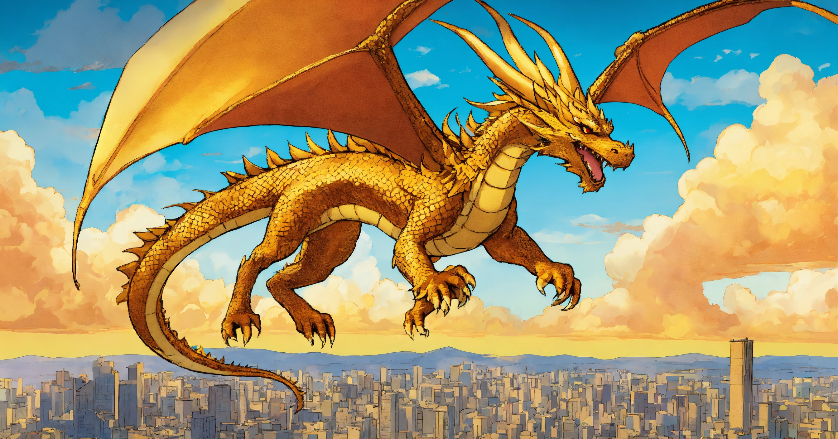 Lexica - Grinning Gold Dragon, flying over clouds, with a city beneath ...