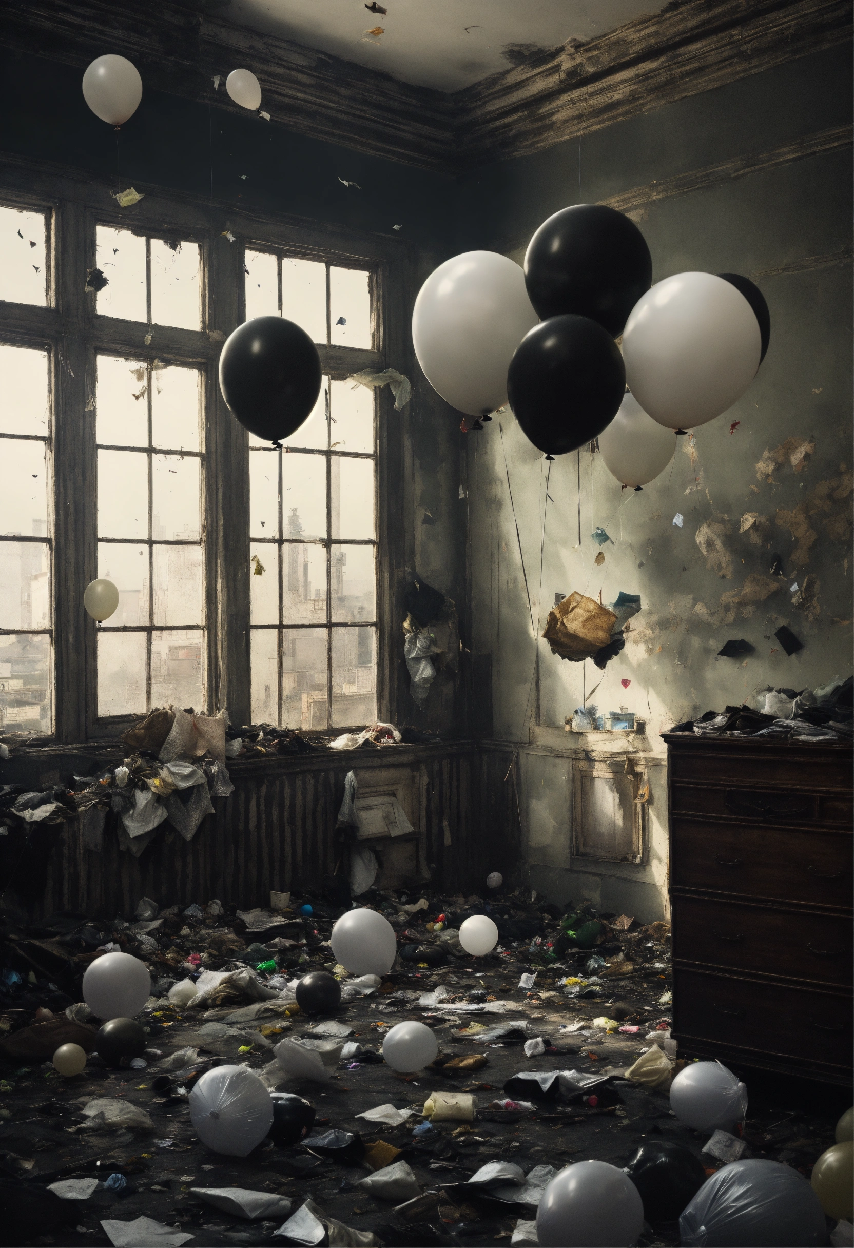 Lexica - A black and white striped balloon is hanging in the air, there ...