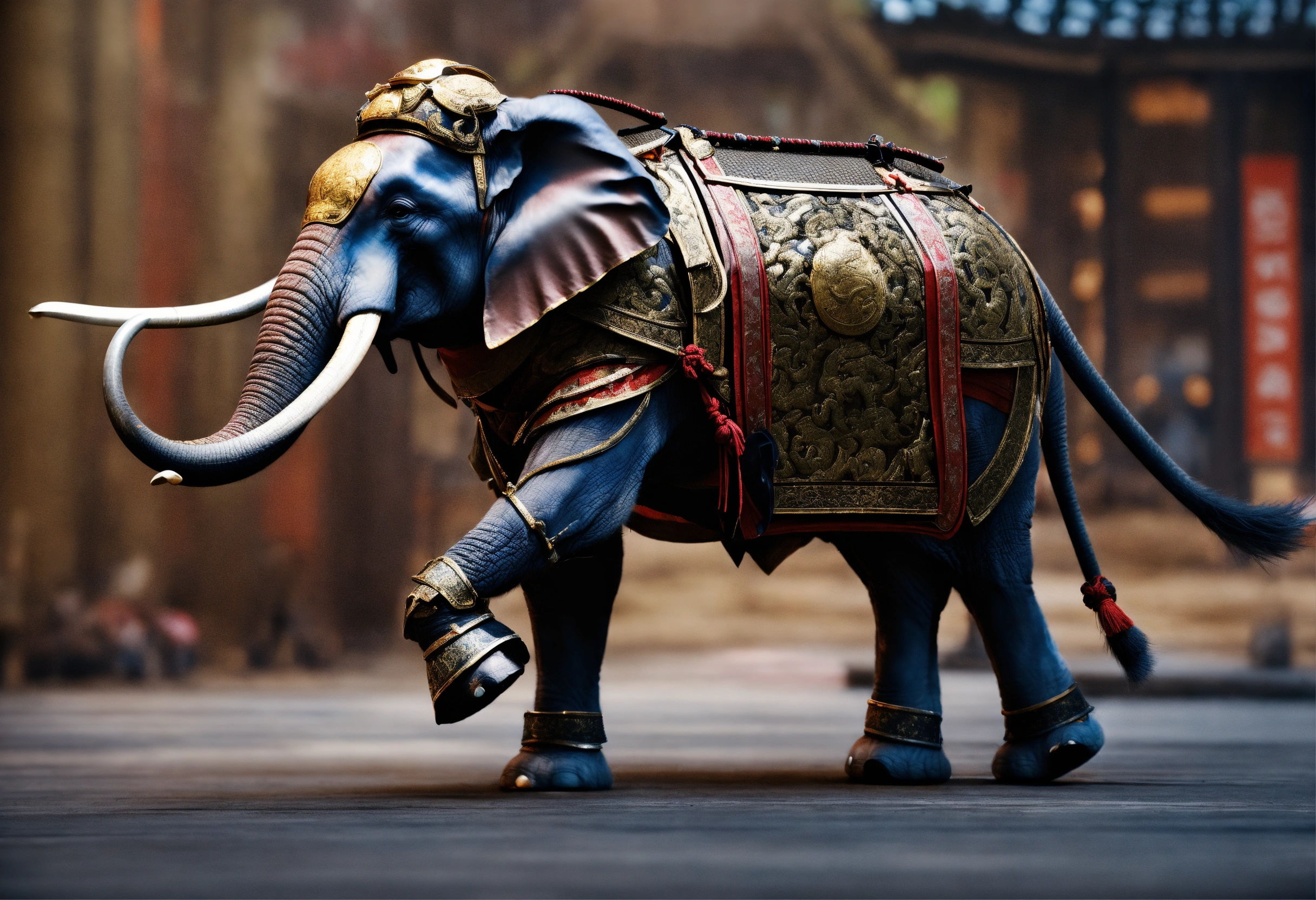Lexica - Elephant samurai with arms. Battlefield. Hyper realistic.