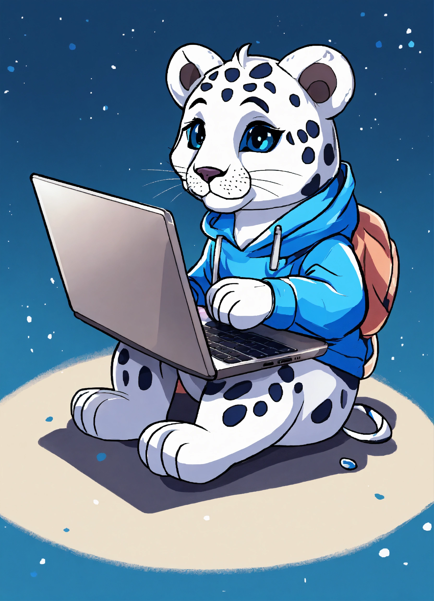 Lexica - Snow leopard in a blue sweatshirt with a laptop Cute 2d simple ...