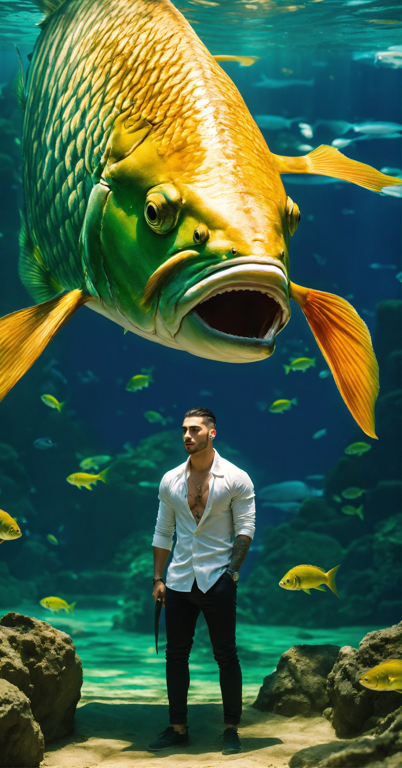 Lexica - A man standing in front of a large fish, gigachad meme, singer ...