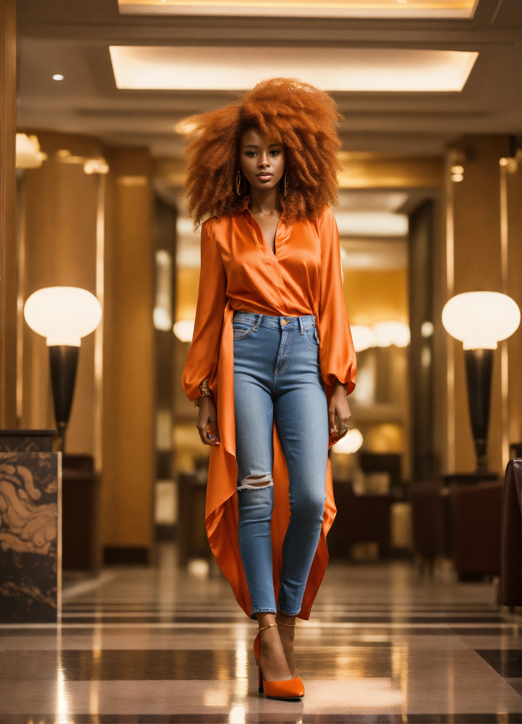 Lexica - Pretty human looking alien with dark orange skin, big reddish ...