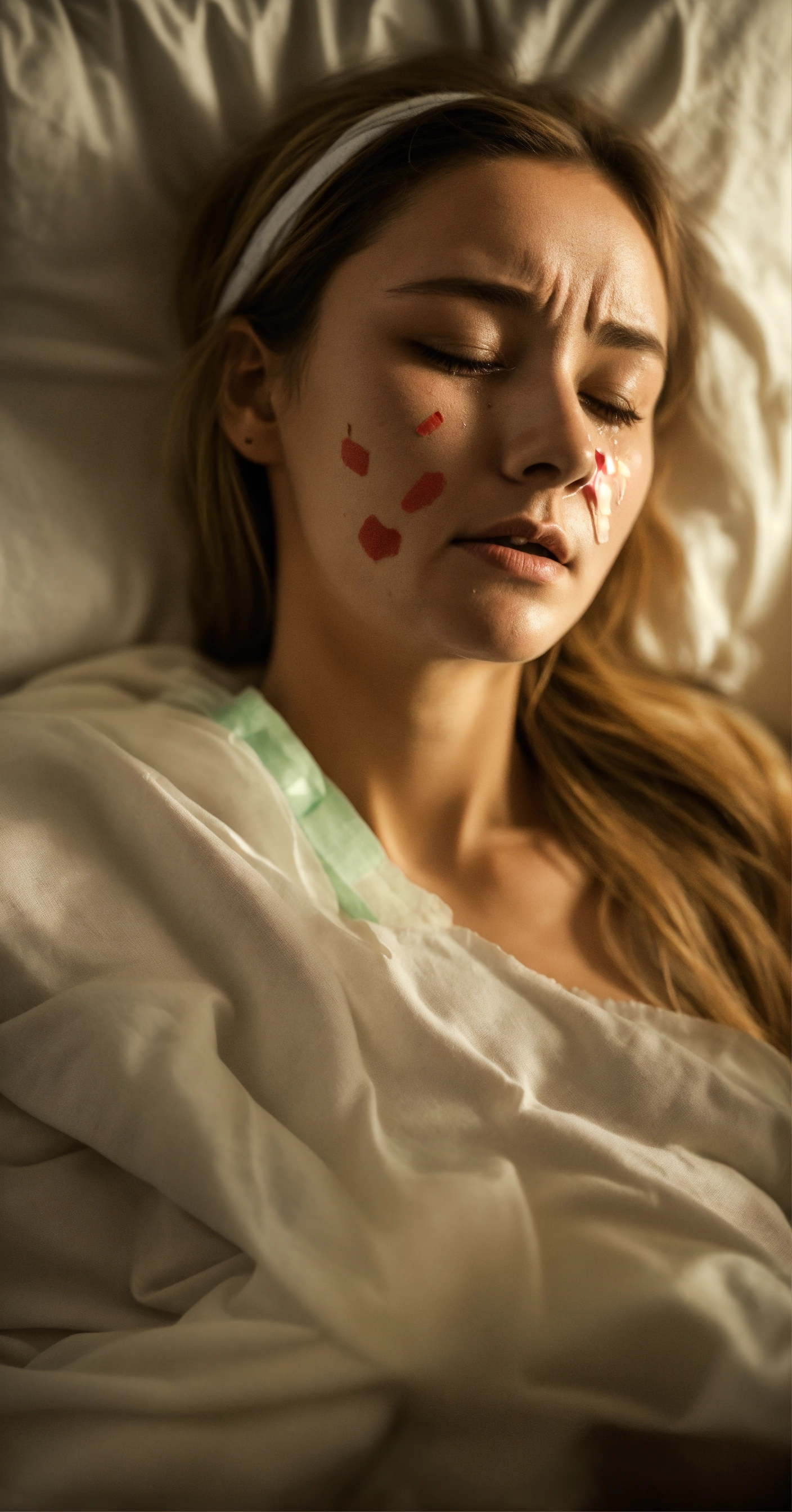 Lexica - A woman is lying in the hospital with bruises, bandaged, in a ...