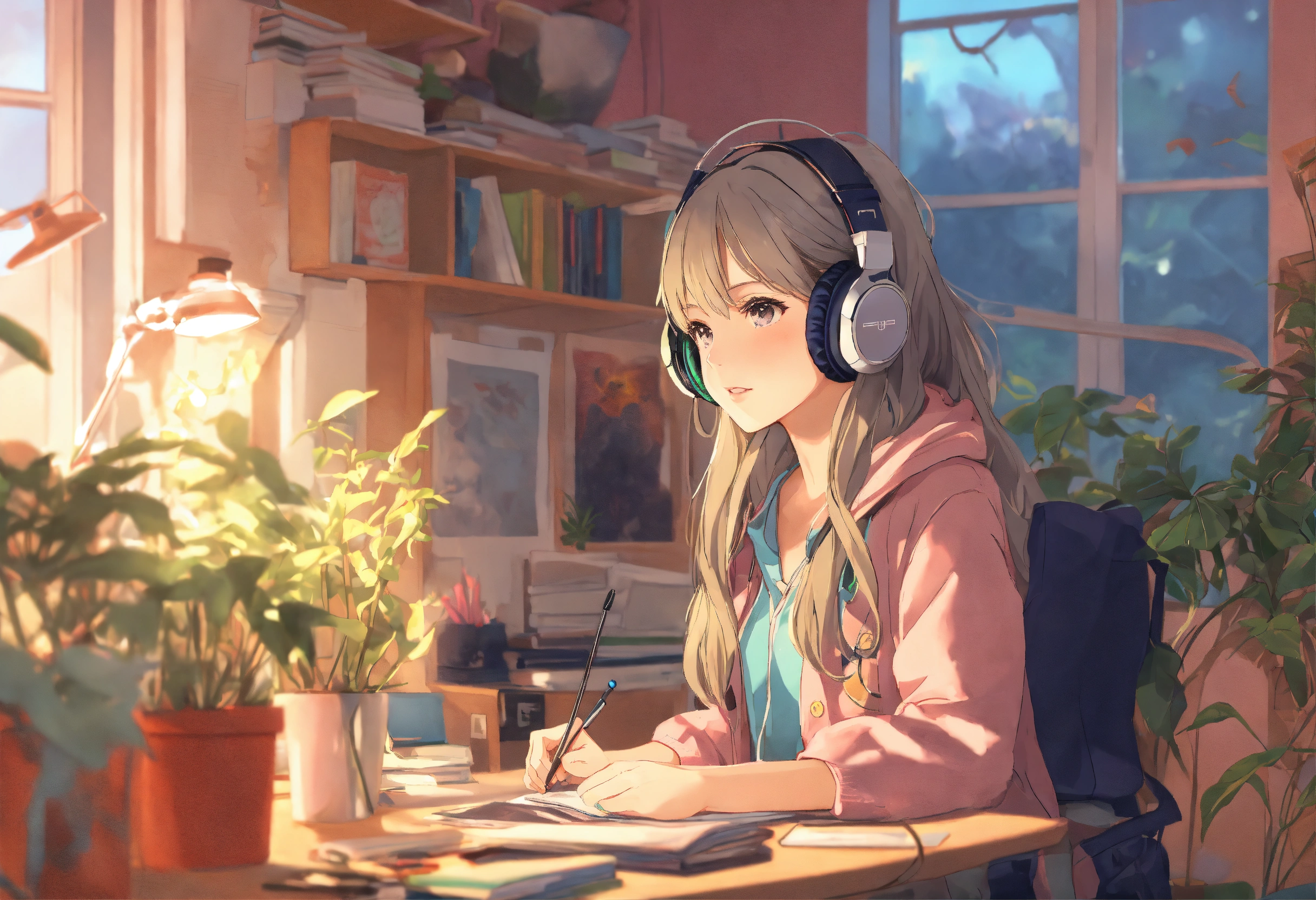 Lexica - Anime girl at. her desk in the college dorm doing homework ...