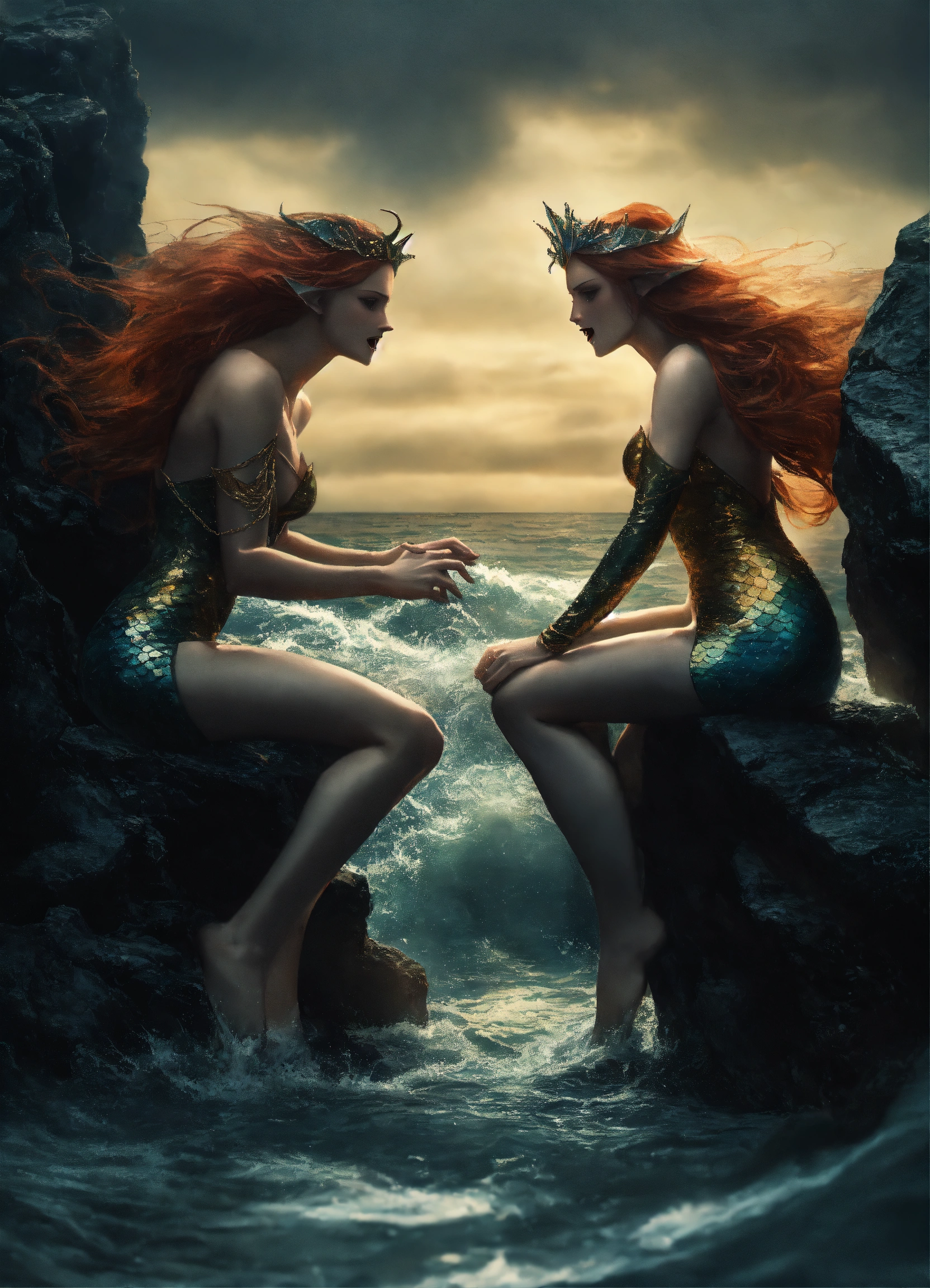Lexica - Create a 4k detailed photo of two evil (mermaids) fighting each other. dramatic ...