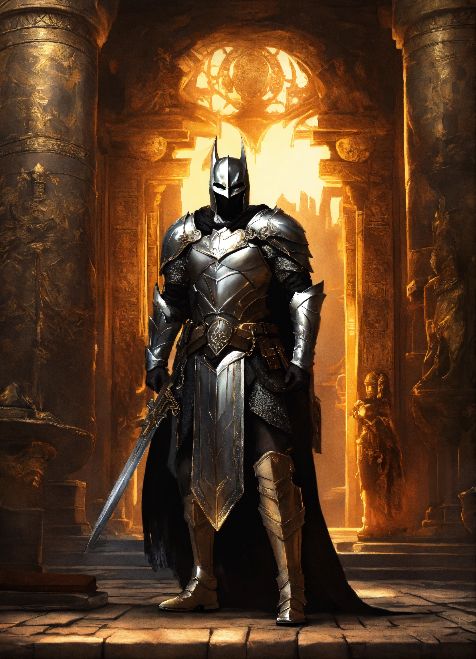 Lexica - In an ancient temple, a dark knight with silver locks dons his ...