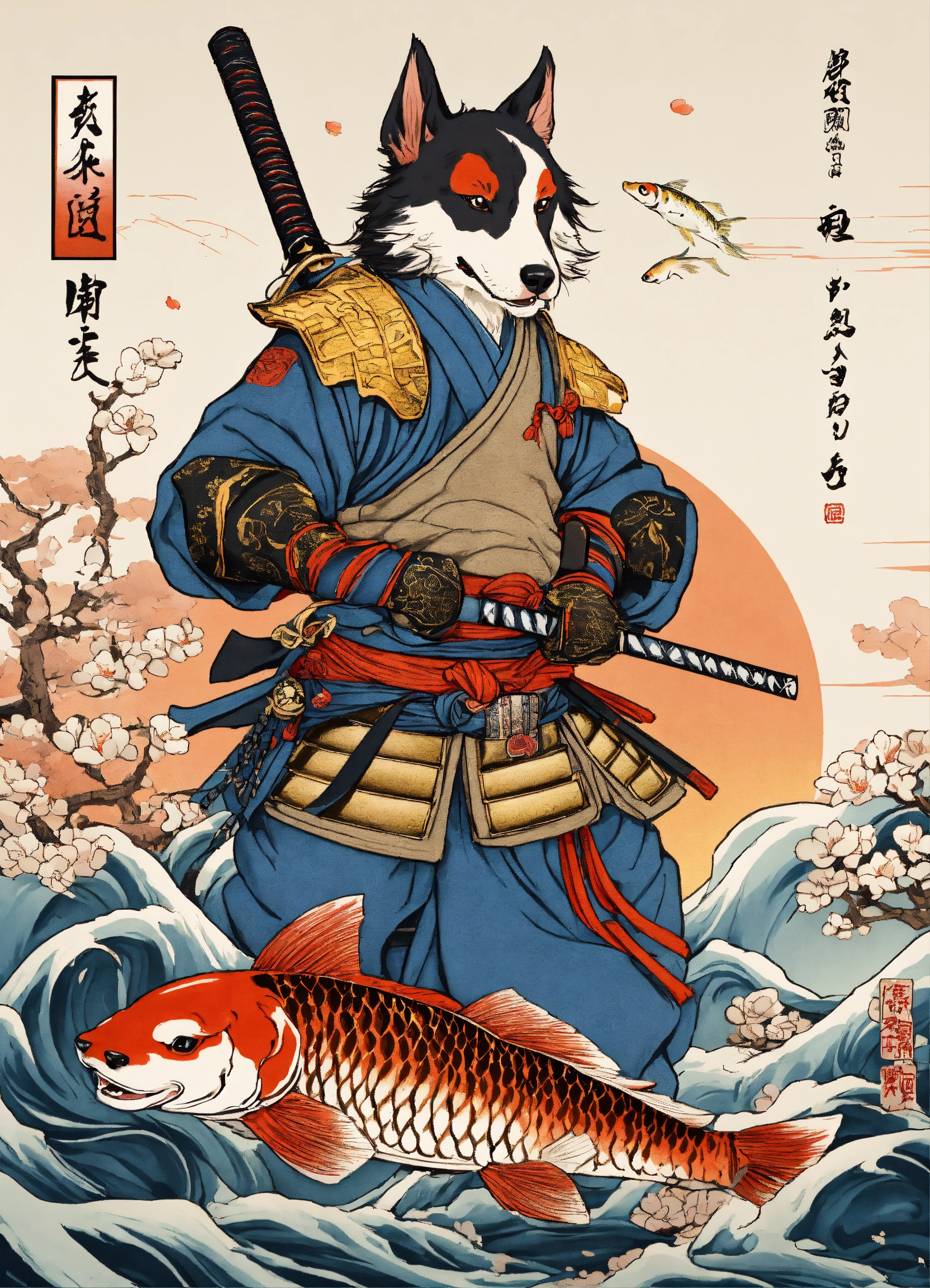 Lexica - There is a dog with a fish and a sword on a white background ...