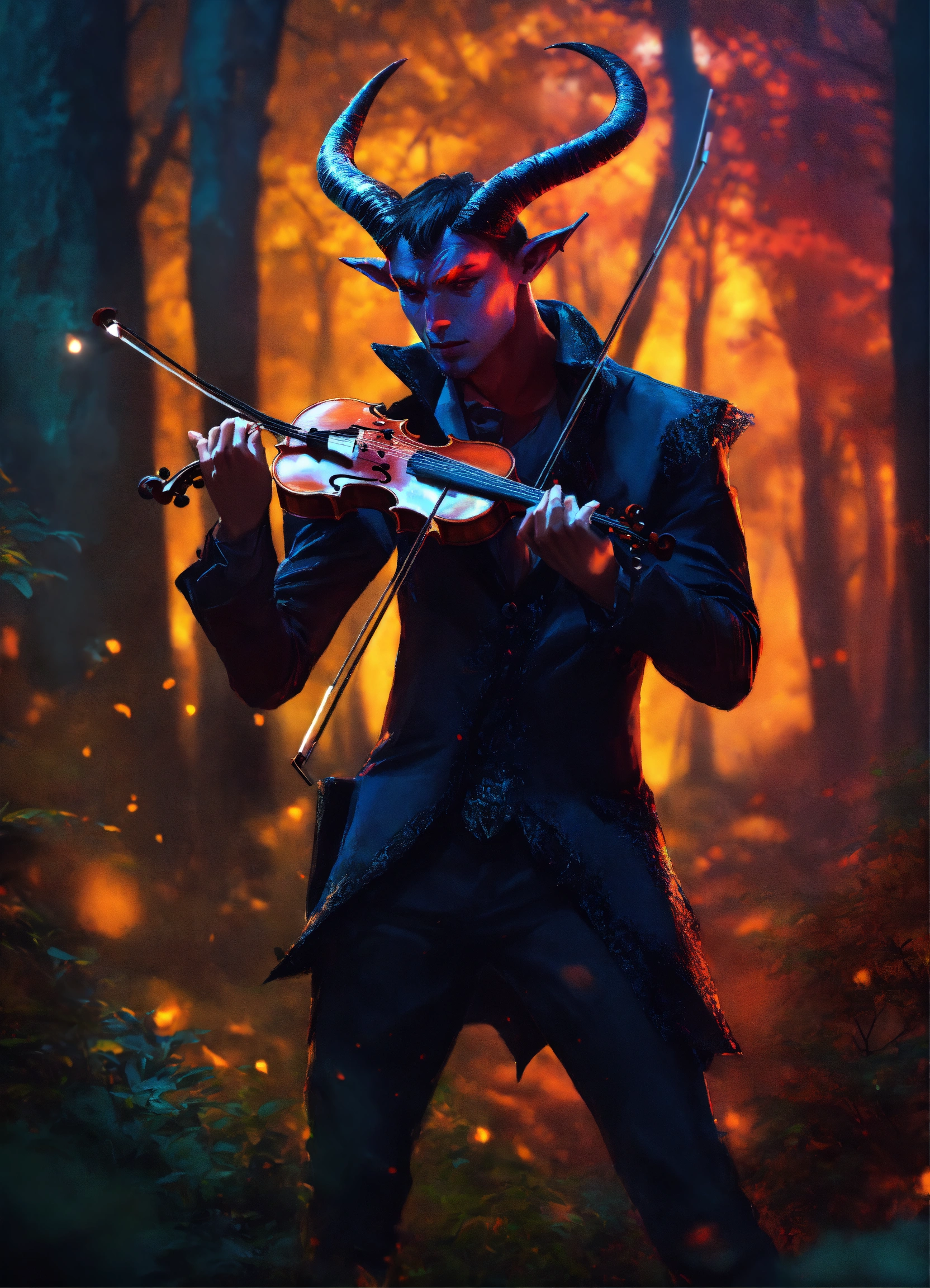 Lexica - Handsome demon man with small horns , in a forest at night ...