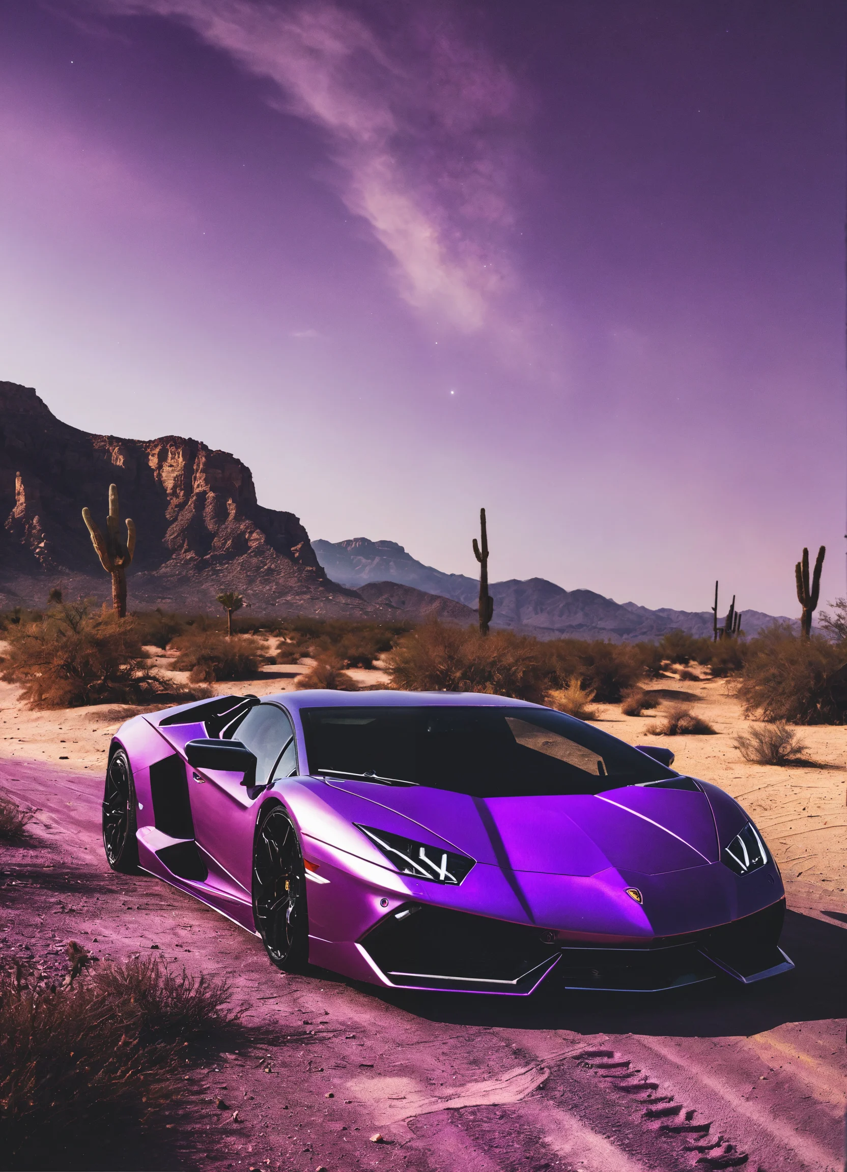 Lexica - Ein lila farbener Lamborghini in der Wüste