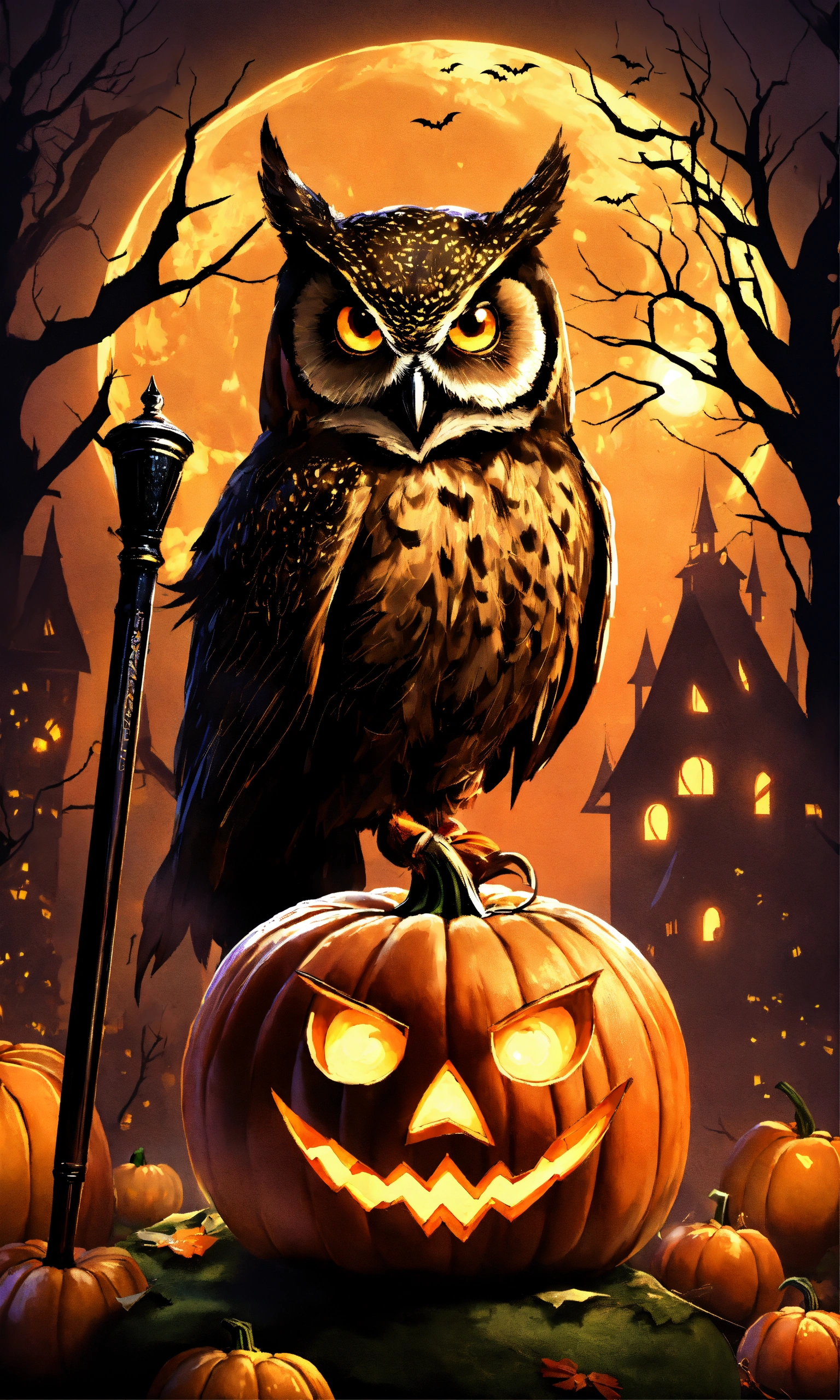 Lexica - A mysterious Halloween party with a pumpkin, magic wand, and owl.