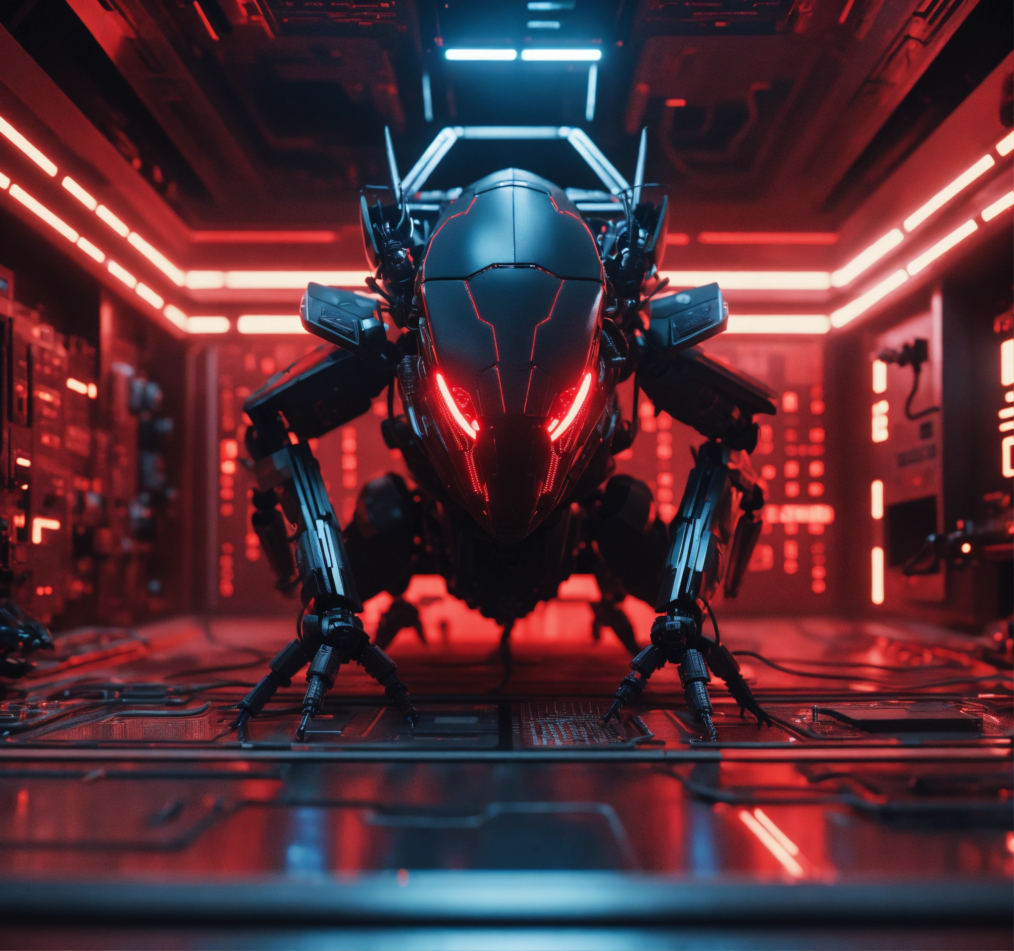 Lexica - Zoom out of black cockroach faced humanoid with red glowing ...