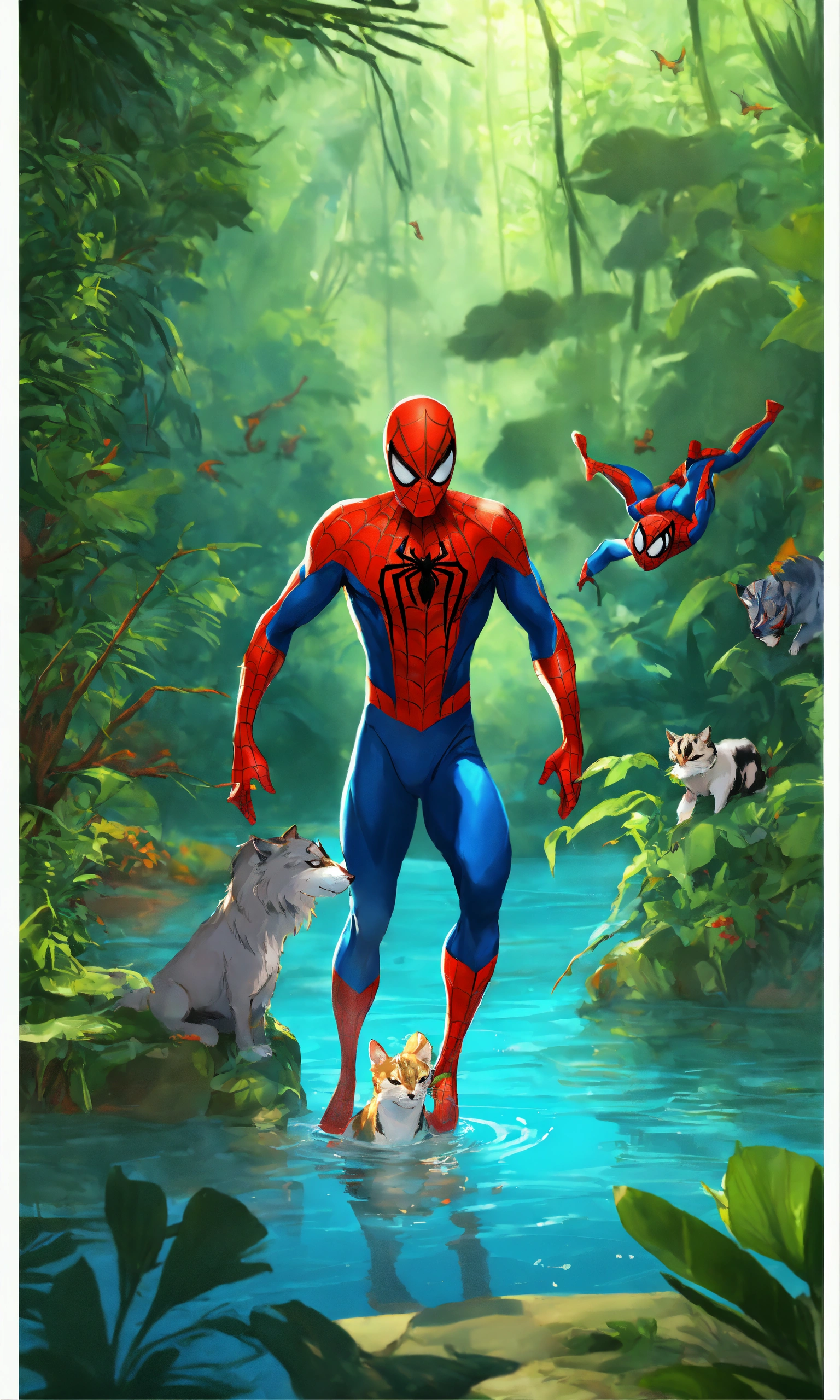 Lexica - Spiderman swimming with animals in the jungle, 2D render, full ...