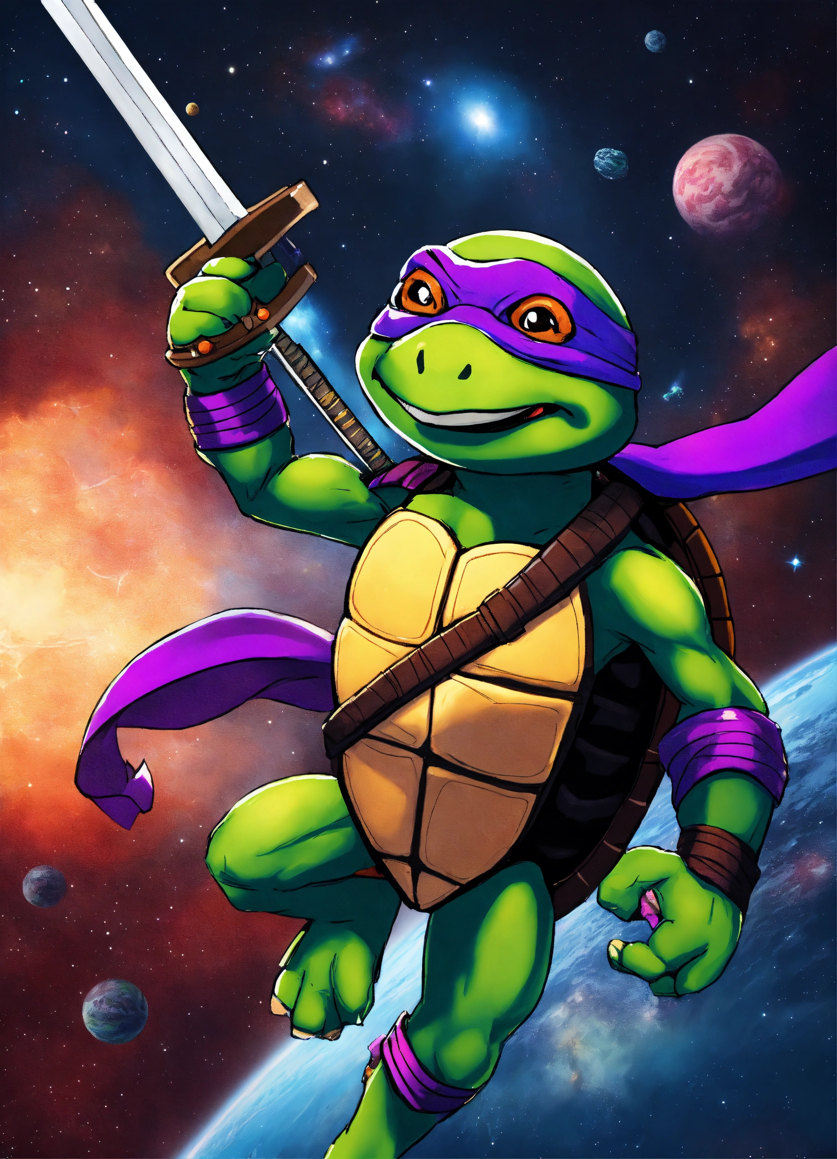 Lexica - A playful ninja turtle with a sword in outer space