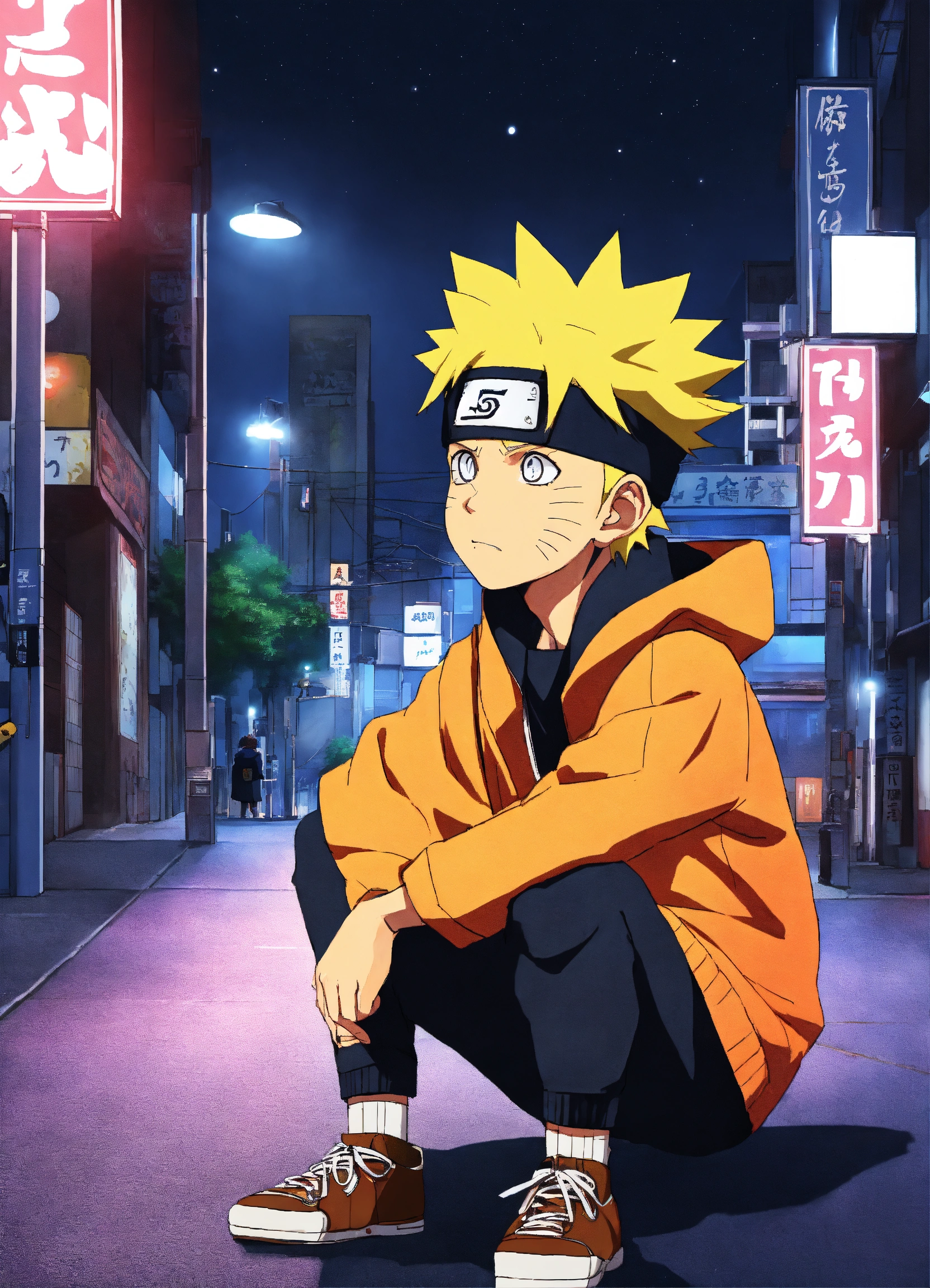 Lexica - Naruto Uzumaki sitting on the street under the spotlights in ...