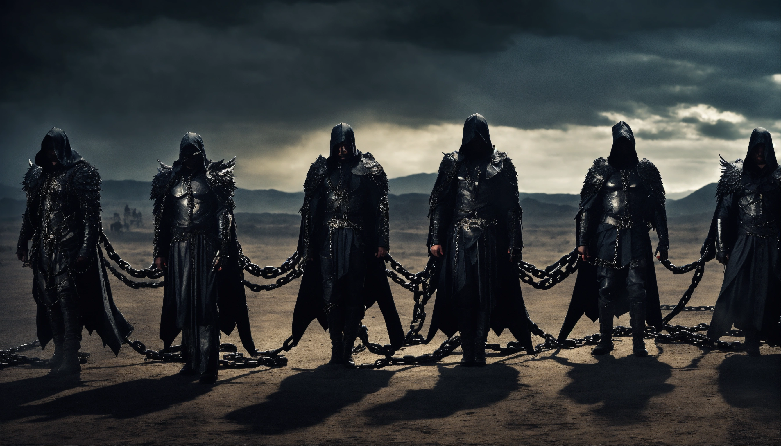 Lexica - 7 dark, fallen angels on their knees, side by side, bound up ...