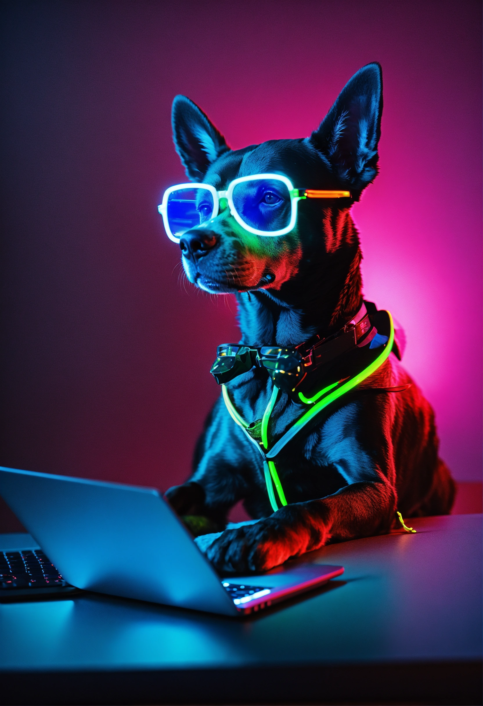 Lexica - Neon dog wearing glasses typing on laptop
