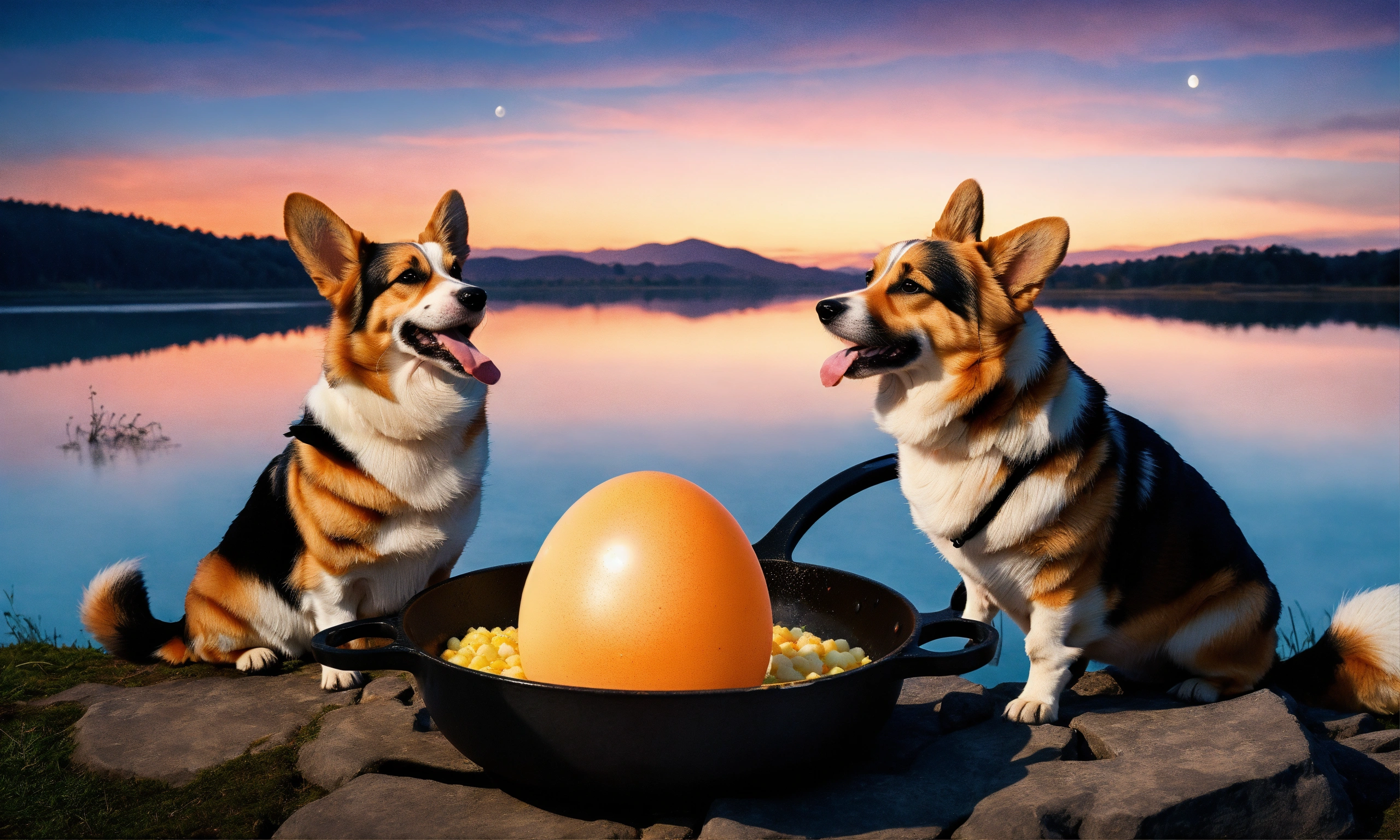 Lexica - Image of 2 corgi dogs frying a giant egg in a giant cast iron ...
