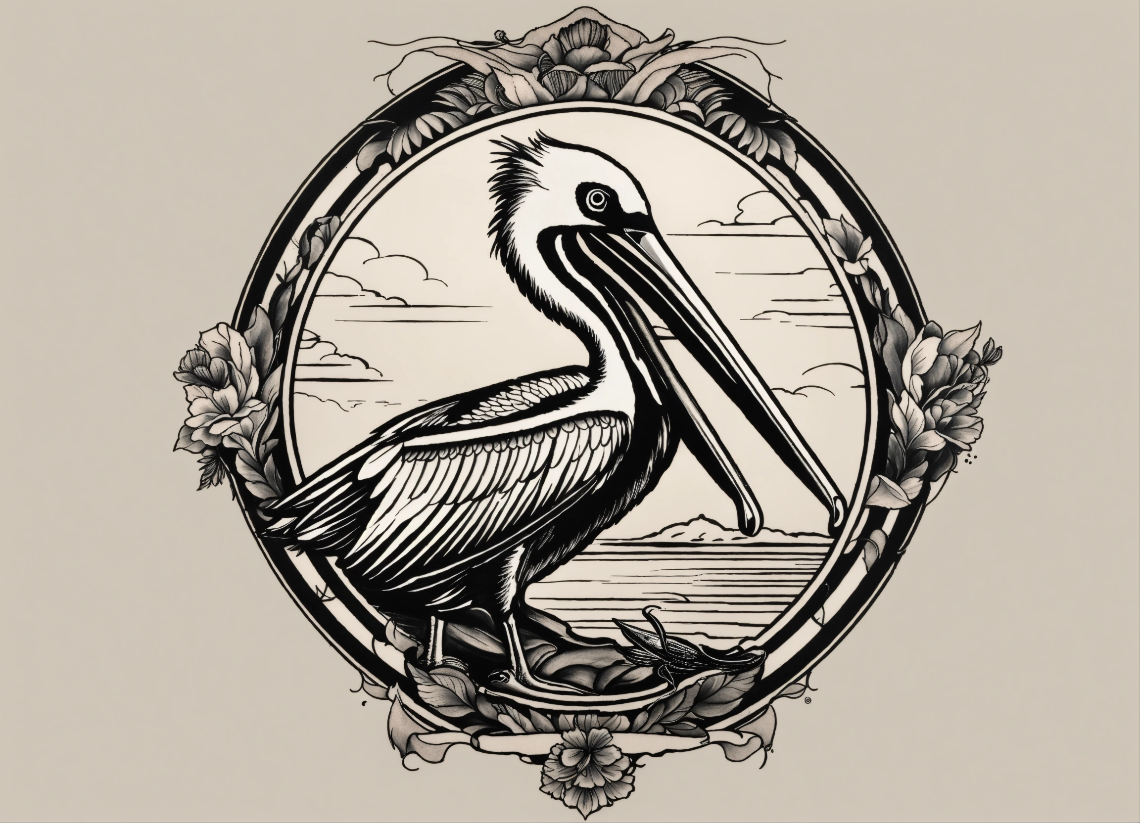 Lexica - Black and white, pelican flash tattoo, white background ...