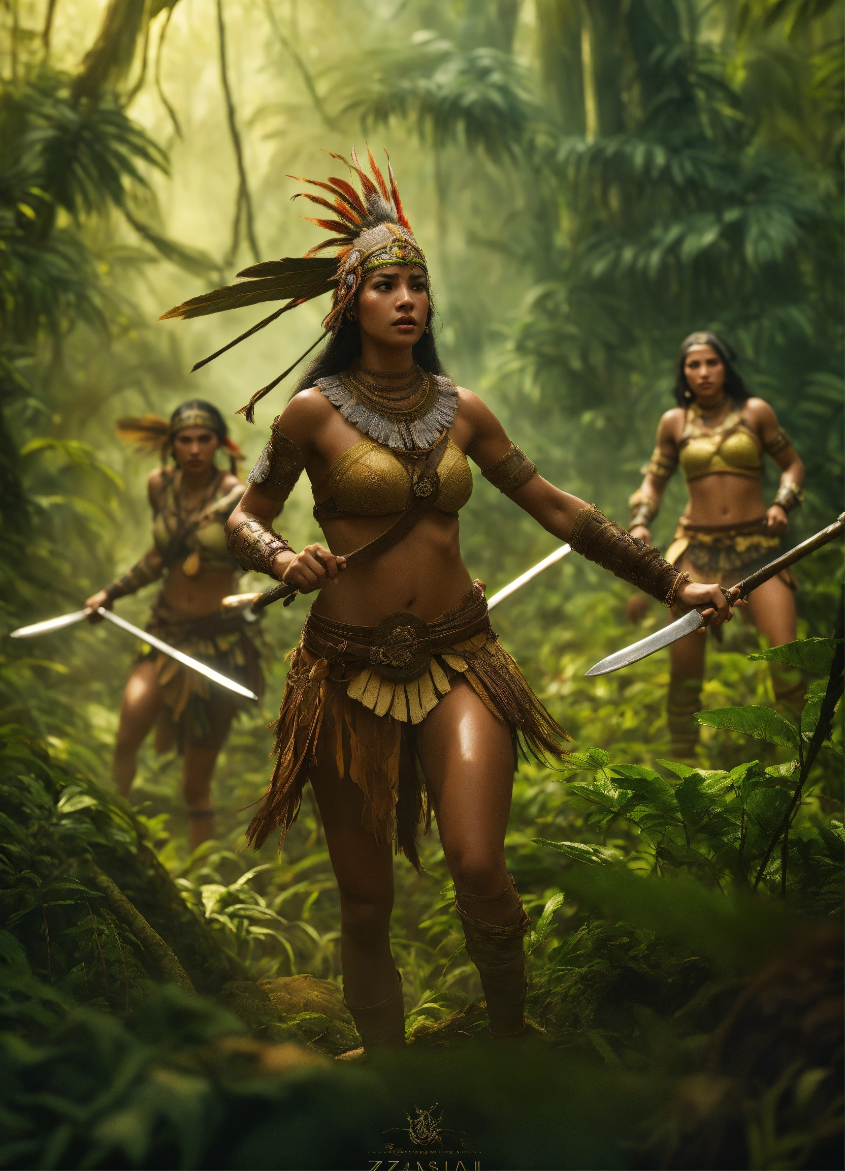 Lexica - Brazilian indigenous female warriors in attack pose in rainforest, fantasy, elegant ...