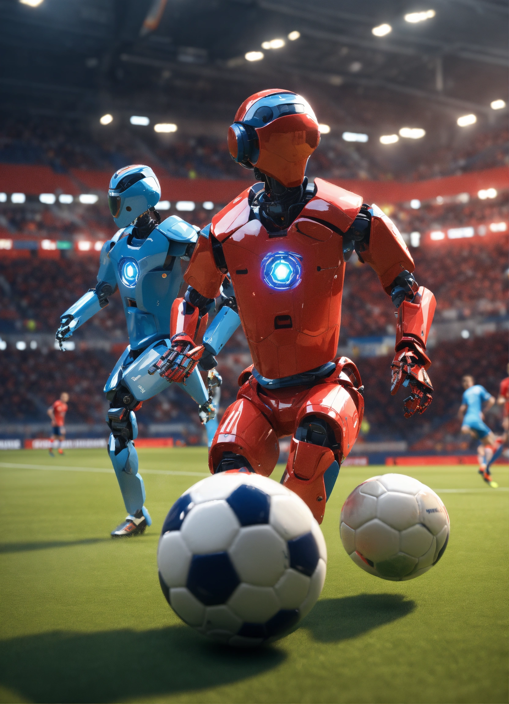 Lexica - Two robot soccer players are playing a game of soccer, in the ...