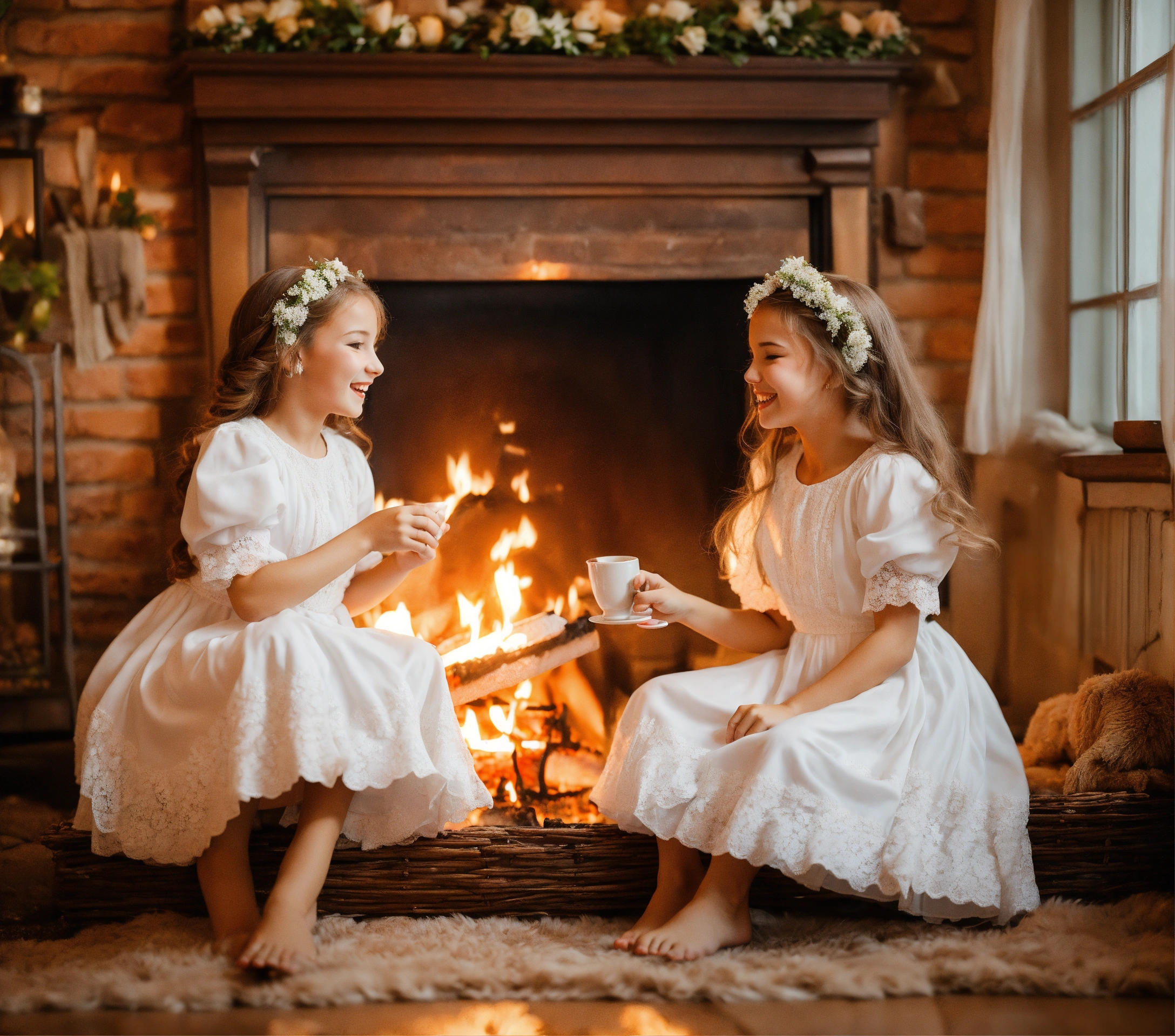 Lexica - Joyful girls in white dresses, in a homely environment ...