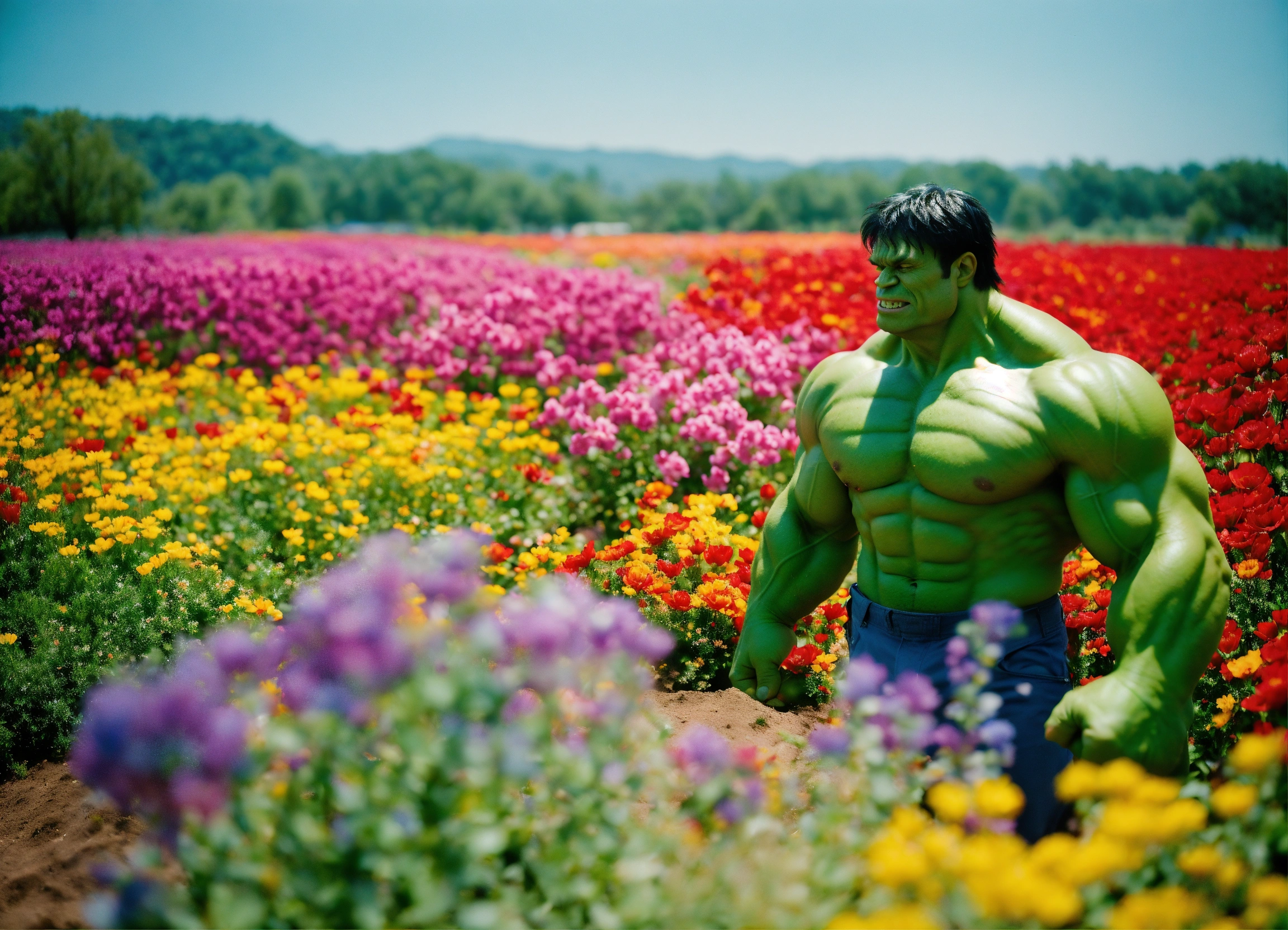 Lexica - Happy Hulk standing in a beautiful field of flowers, colorful ...