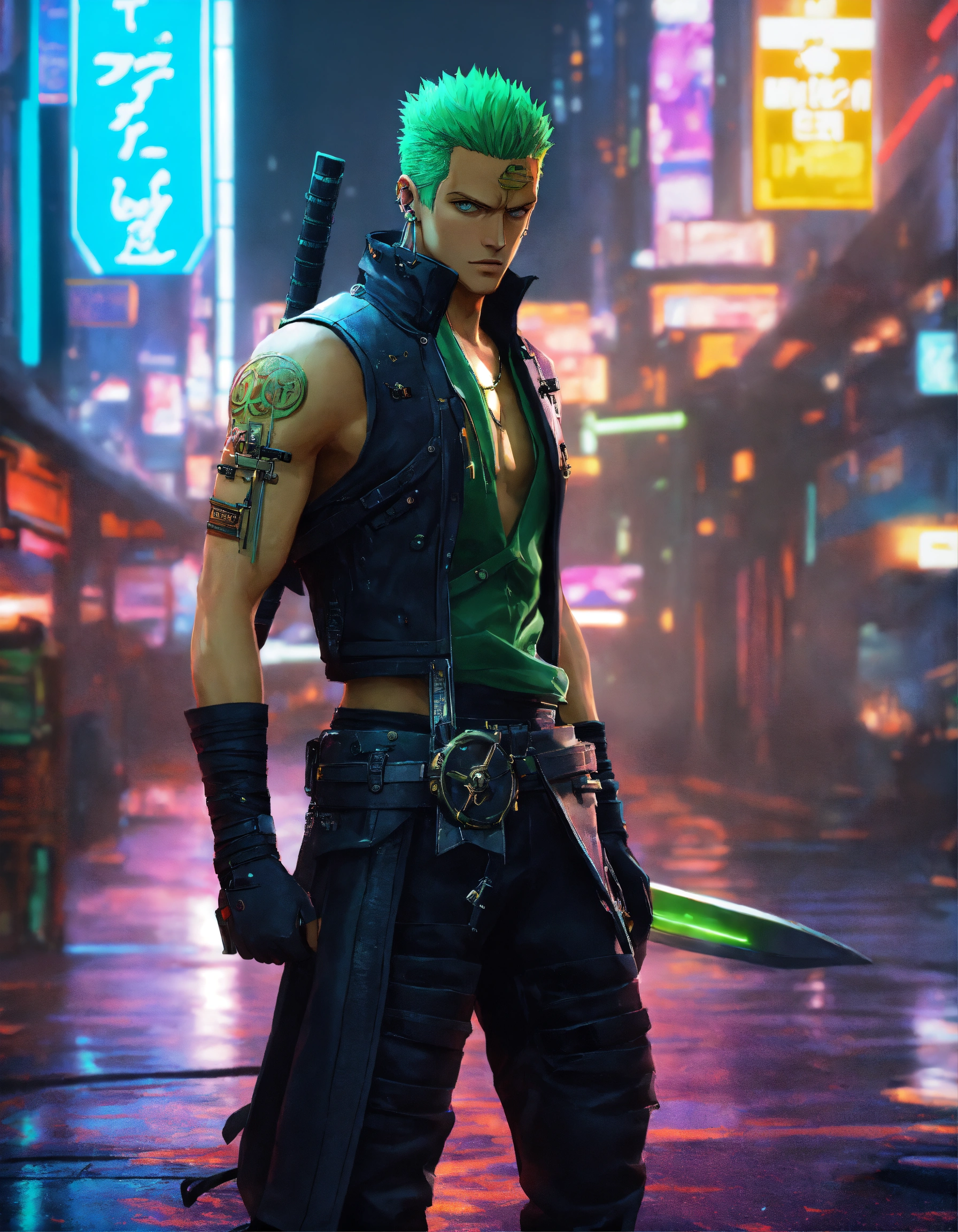 Lexica - Generate a modern-day cyberpunk version of Zoro from One Piece ...