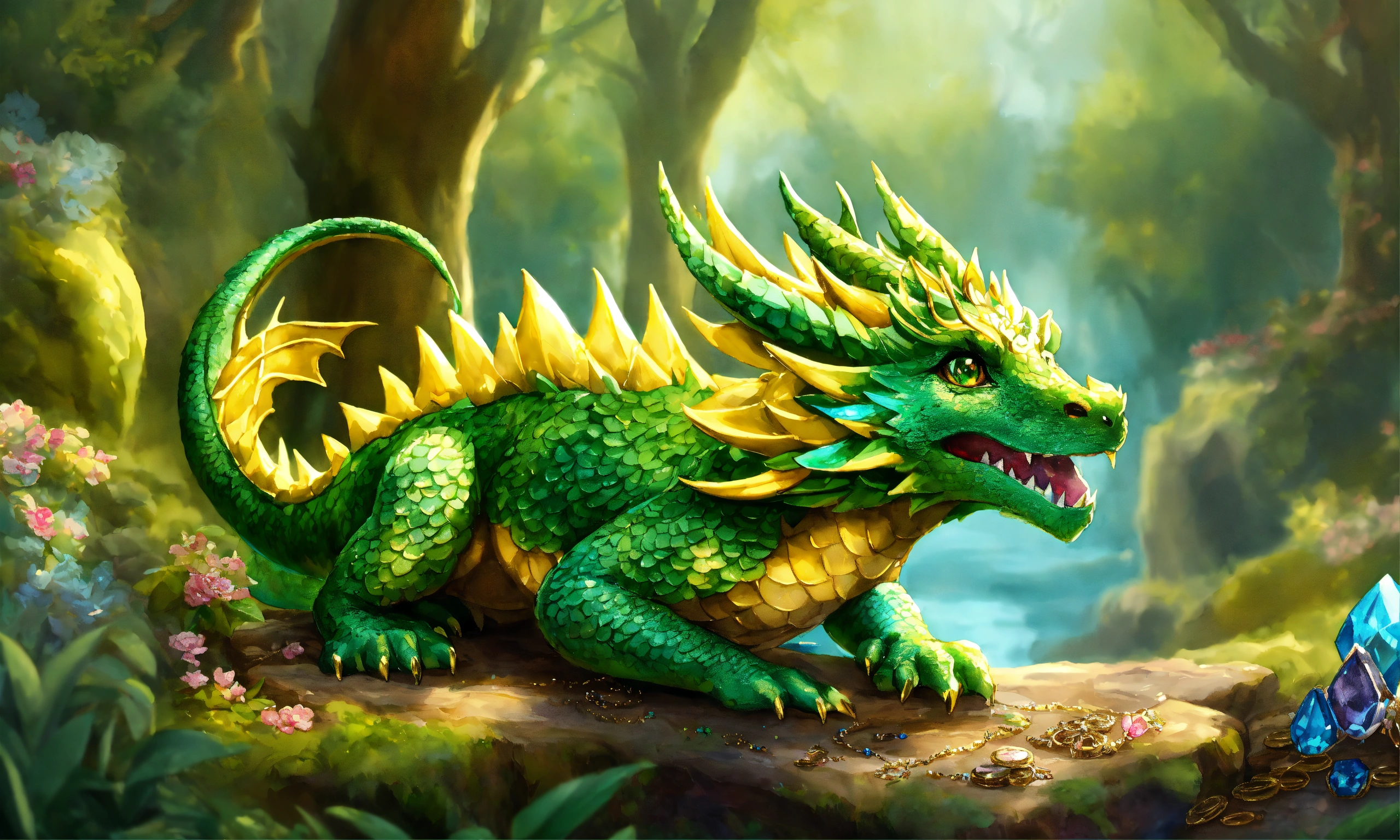 Lexica - Cute, adorable, pretty smiling green and gold dragon with ...
