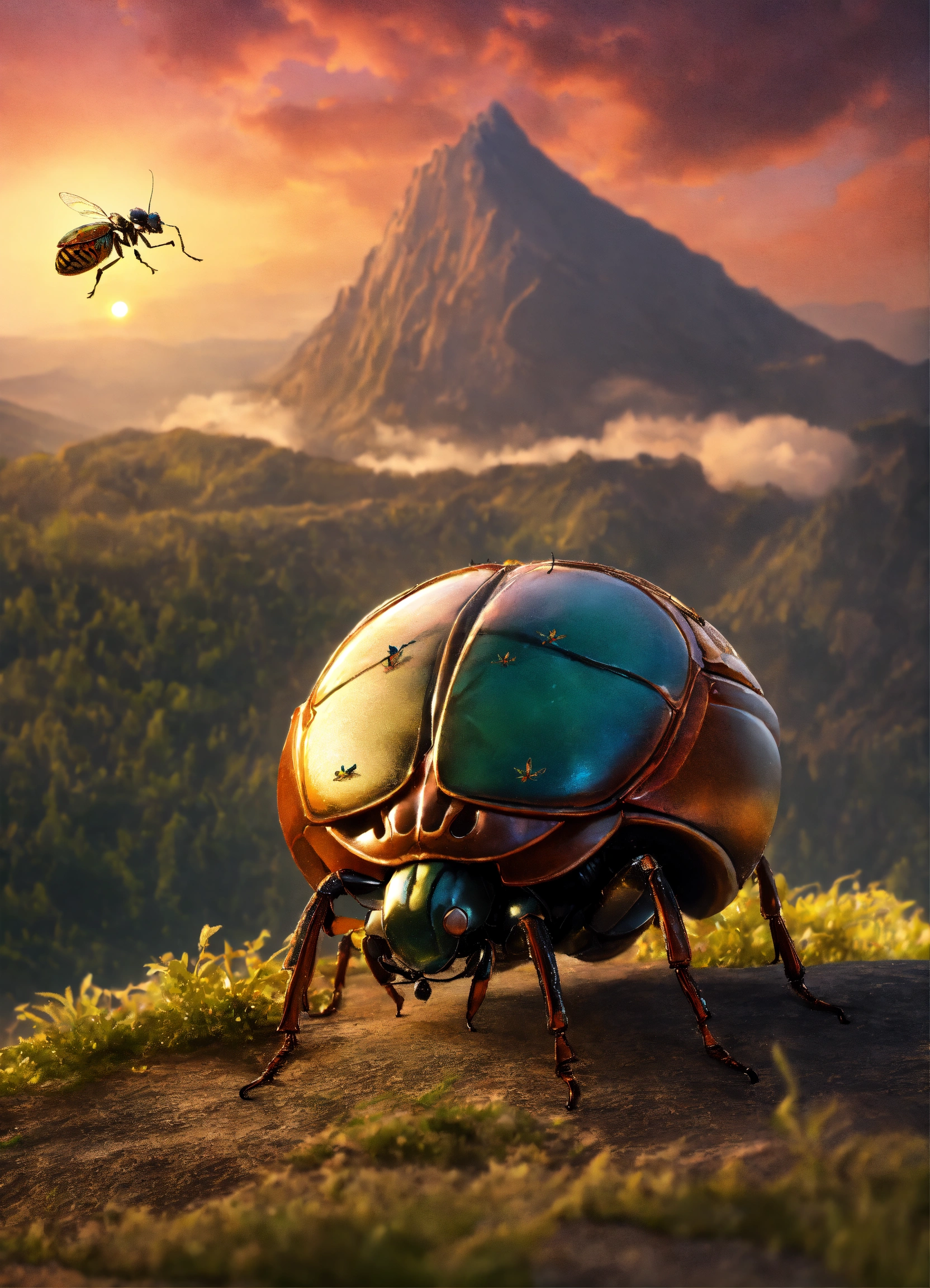 Lexica - A giant beetle pushing a planet up a mountain. a sunset with ...