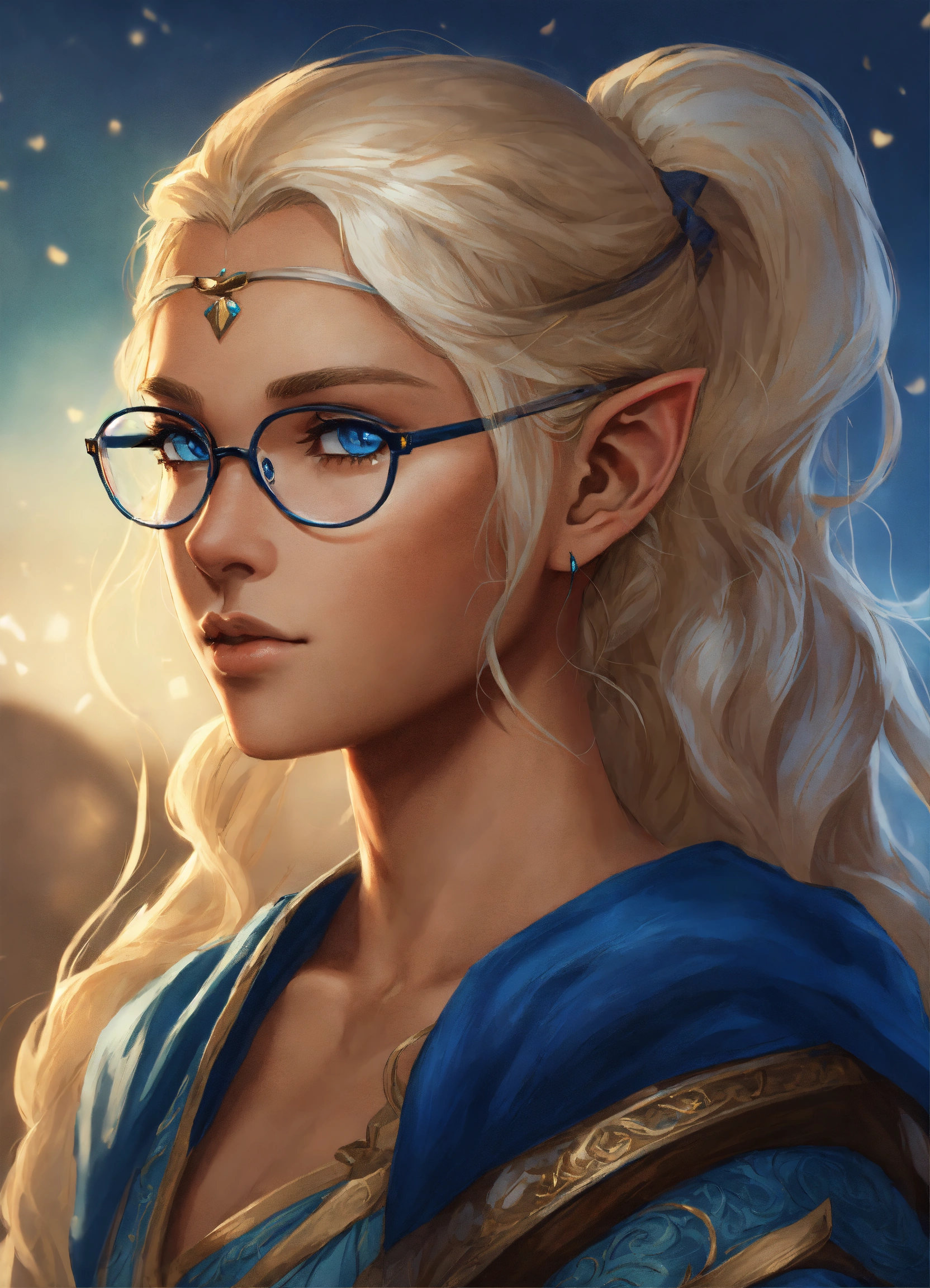 Lexica - A half elf with very tanned skin, wearing glasses with deep ...