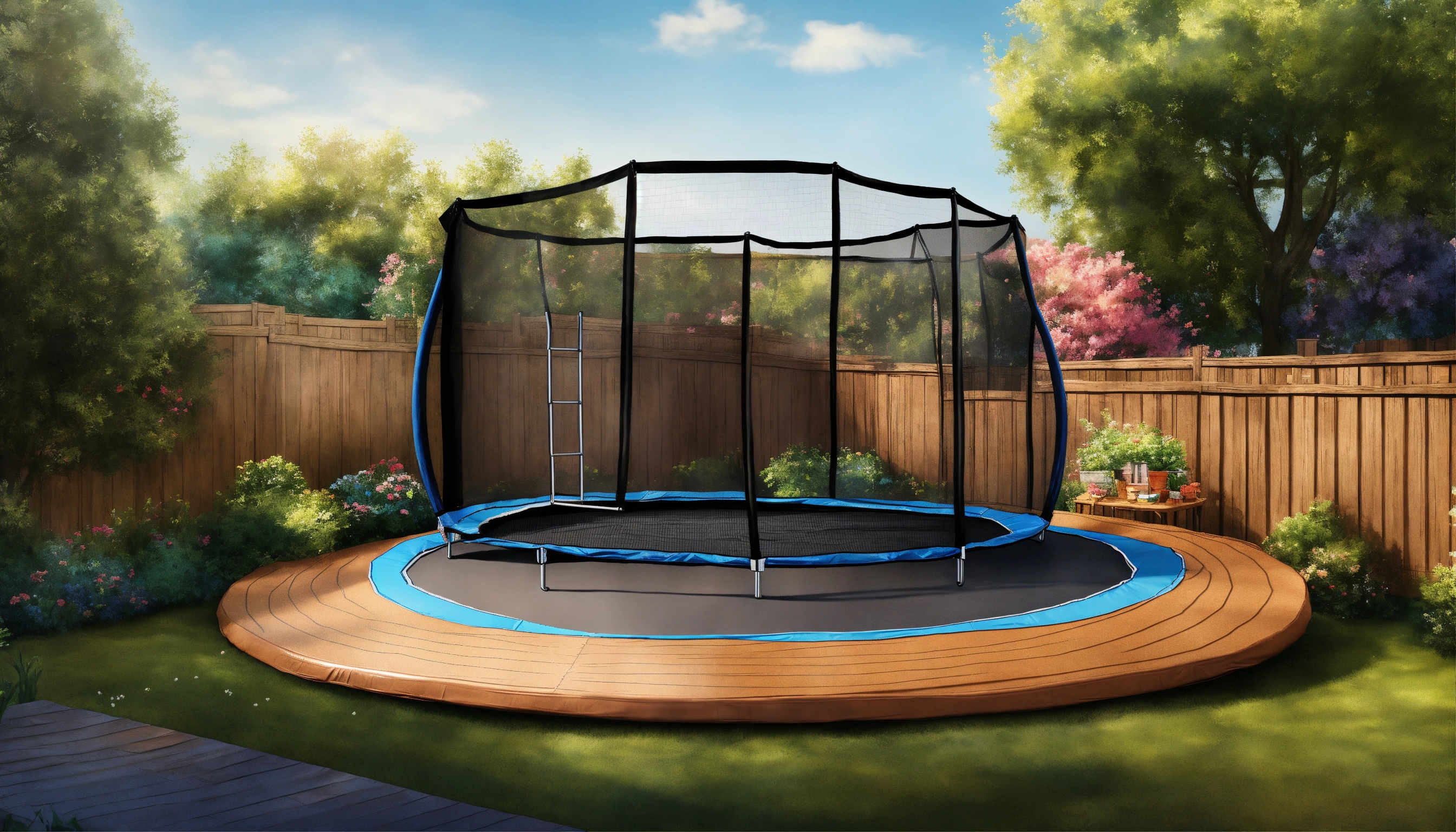 Lexica - Backyard trampoline beautiful illustration, intricate details
