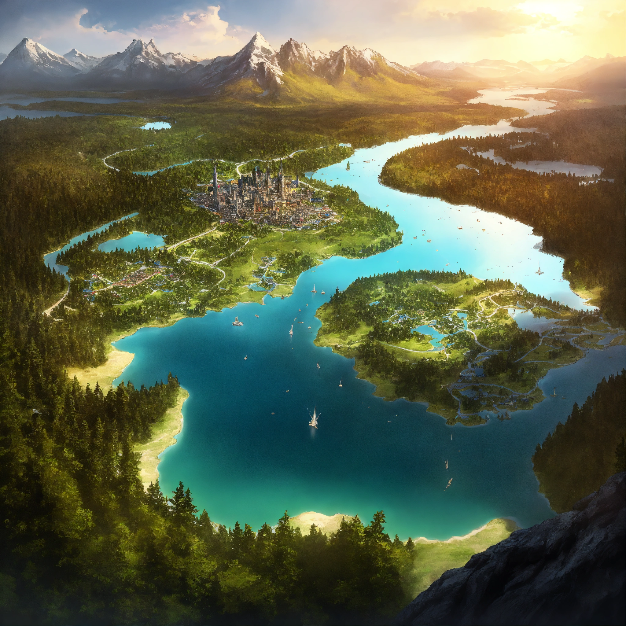 Lexica - Dnd city map with a large lake to the south and forests to ...