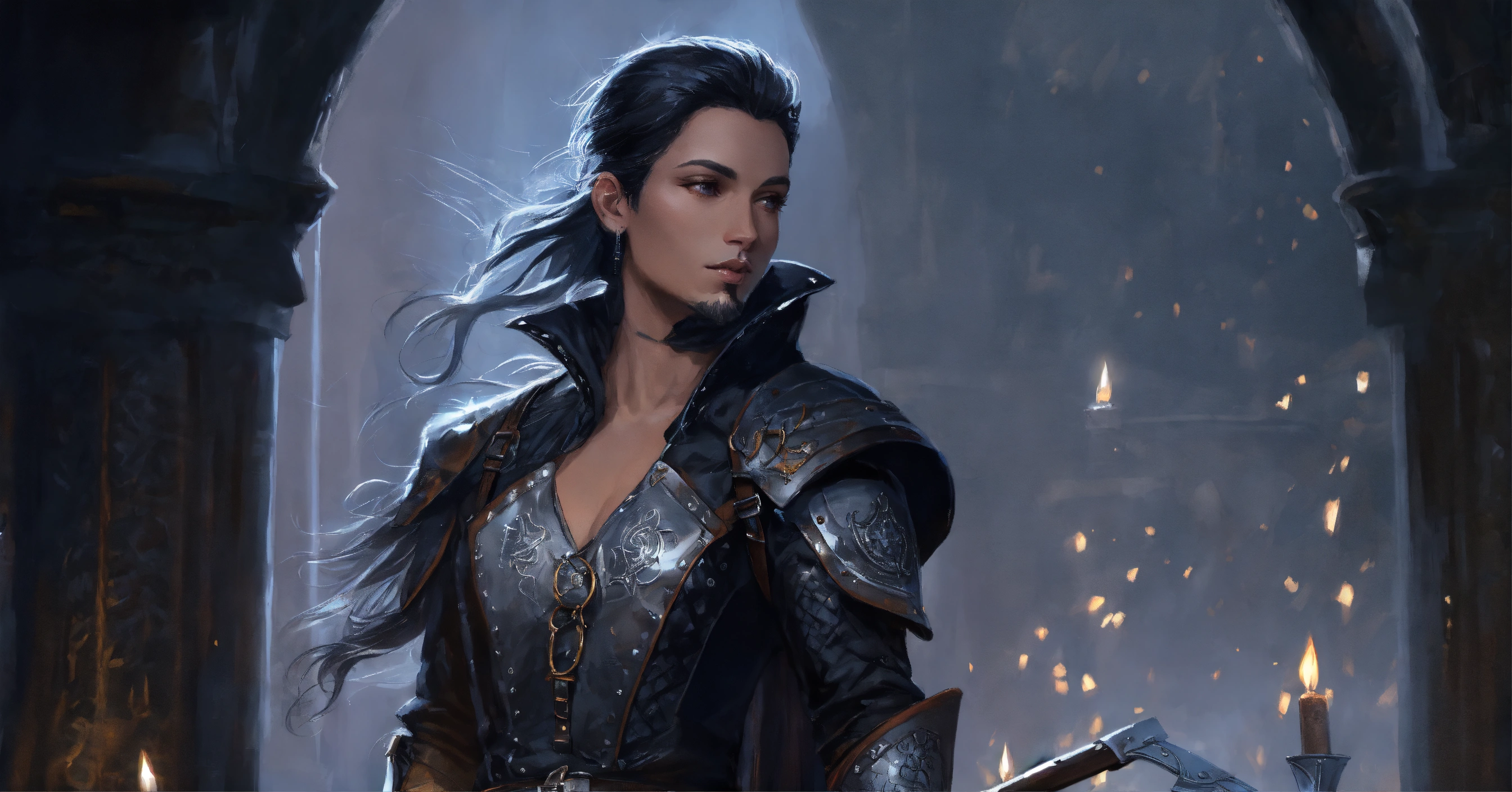 Lexica - Witch hunter wearing studded leather armor with black hair ...